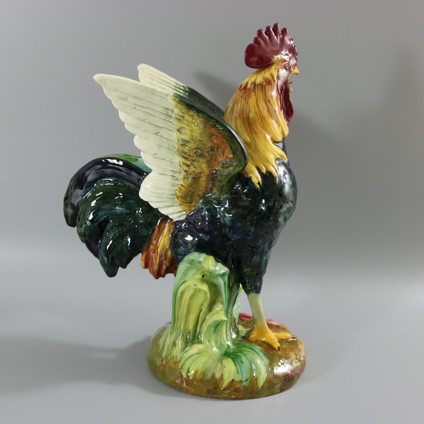 Rare Delphin Massier Majolica Crowing Rooster Figural Vase