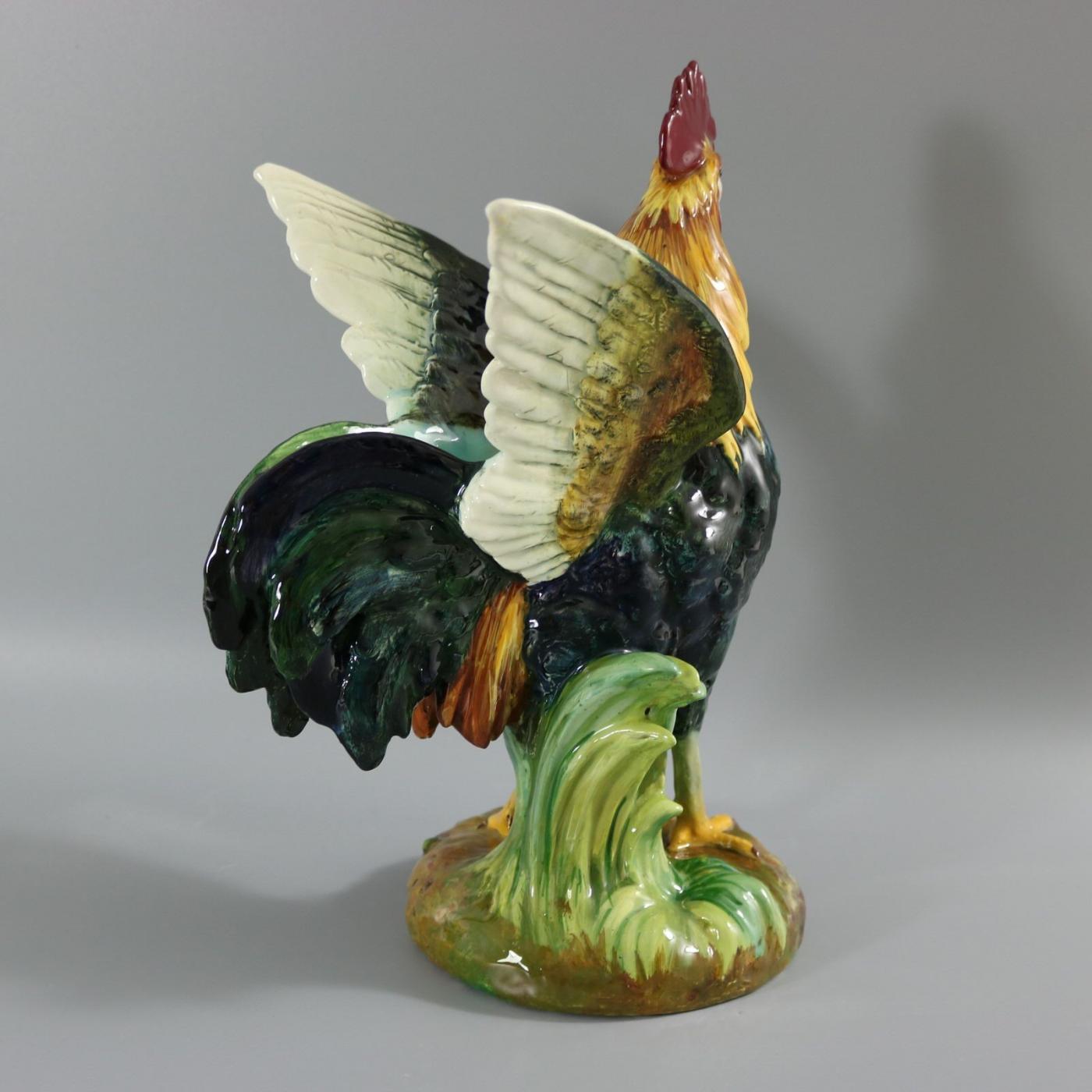 Rare Delphin Massier Majolica Crowing Rooster Figural Vase