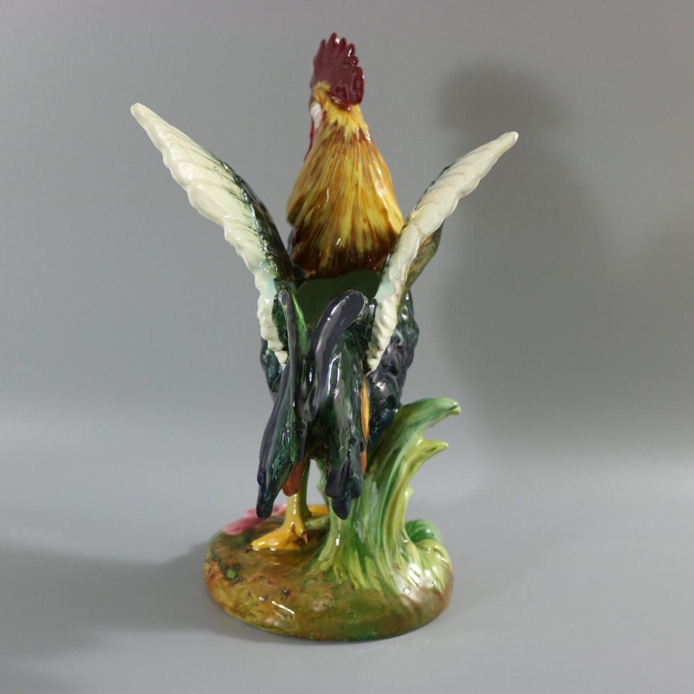 Rare Delphin Massier Majolica Crowing Rooster Figural Vase