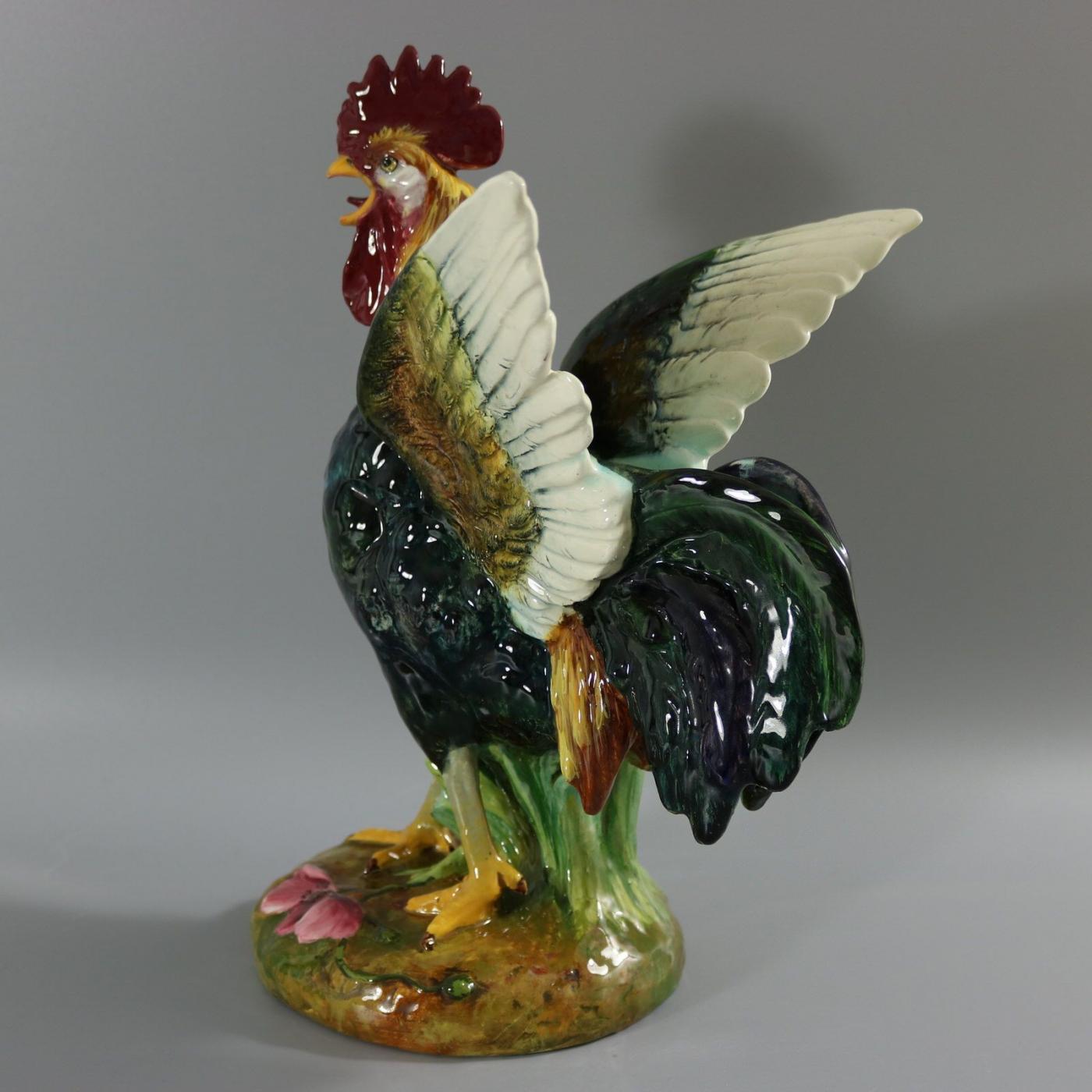 Rare Delphin Massier Majolica Crowing Rooster Figural Vase