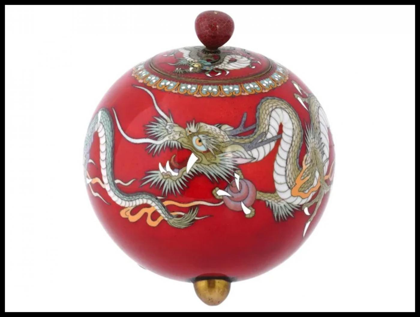 Rare Meiji Japanese Cloisonne Red Enamel Green and White Dragon Jar