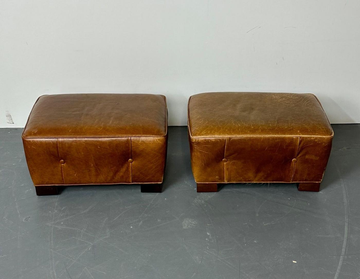 Rare Pair French Art Deco Style Leather Ottomans, Low Stools, Distressed