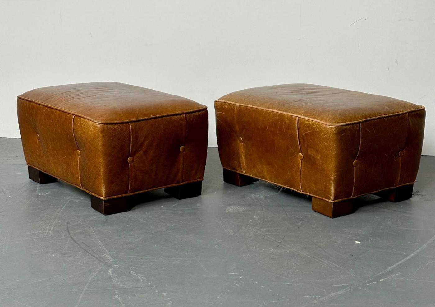 Rare Pair French Art Deco Style Leather Ottomans, Low Stools, Distressed