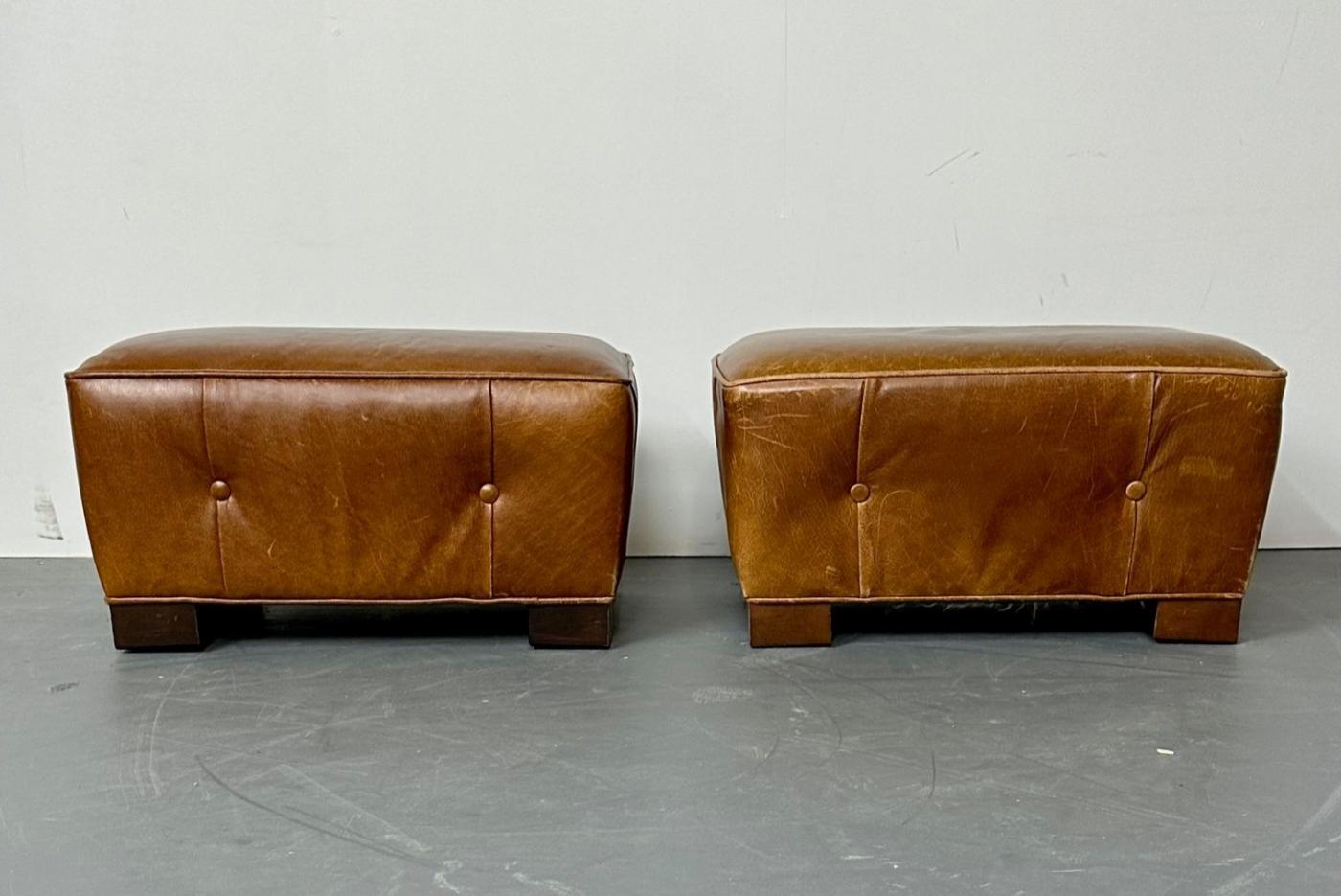 Rare Pair French Art Deco Style Leather Ottomans, Low Stools, Distressed