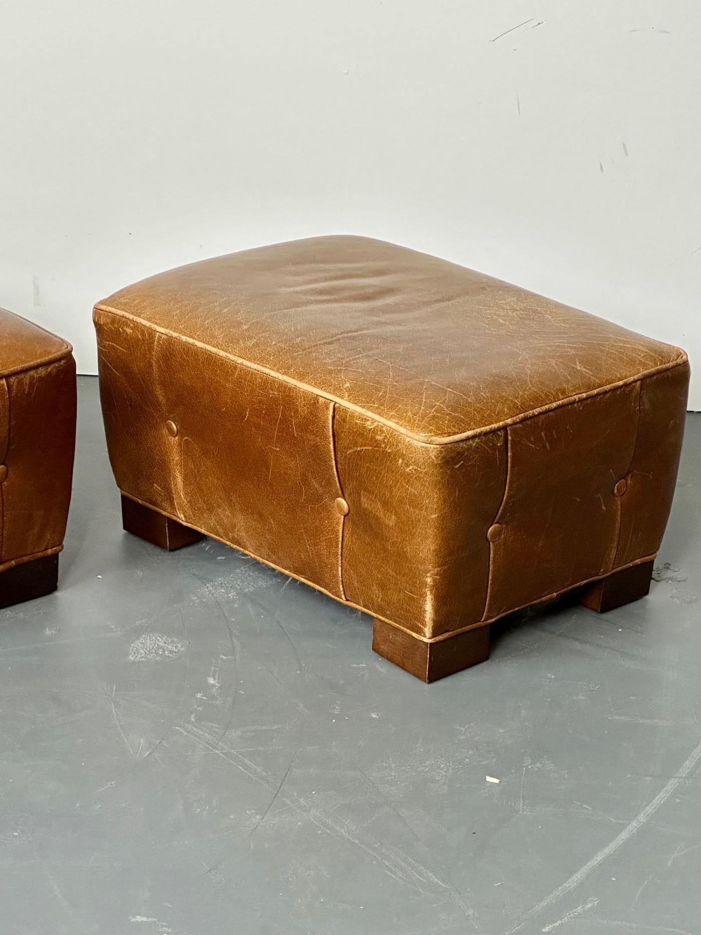 Rare Pair French Art Deco Style Leather Ottomans, Low Stools, Distressed