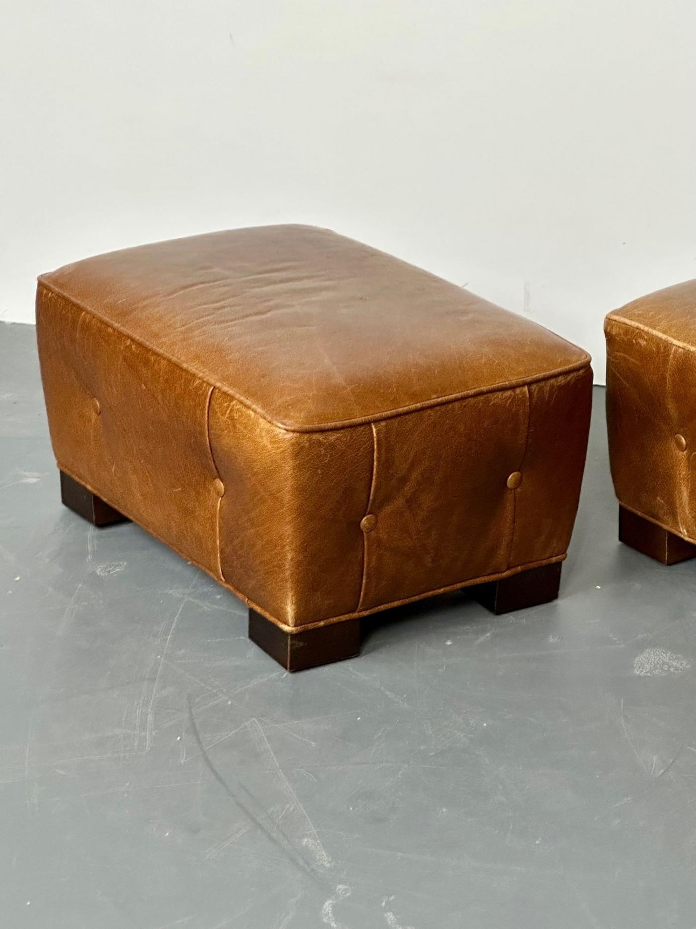 Rare Pair French Art Deco Style Leather Ottomans, Low Stools, Distressed