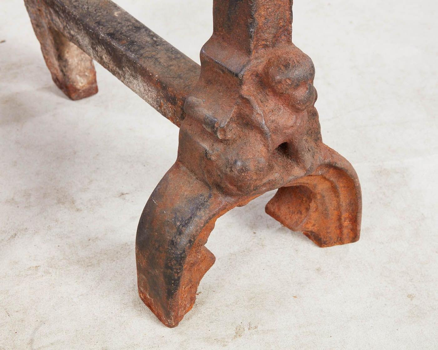 Rare Pair of Medieval Sand Cast Iron Andirons