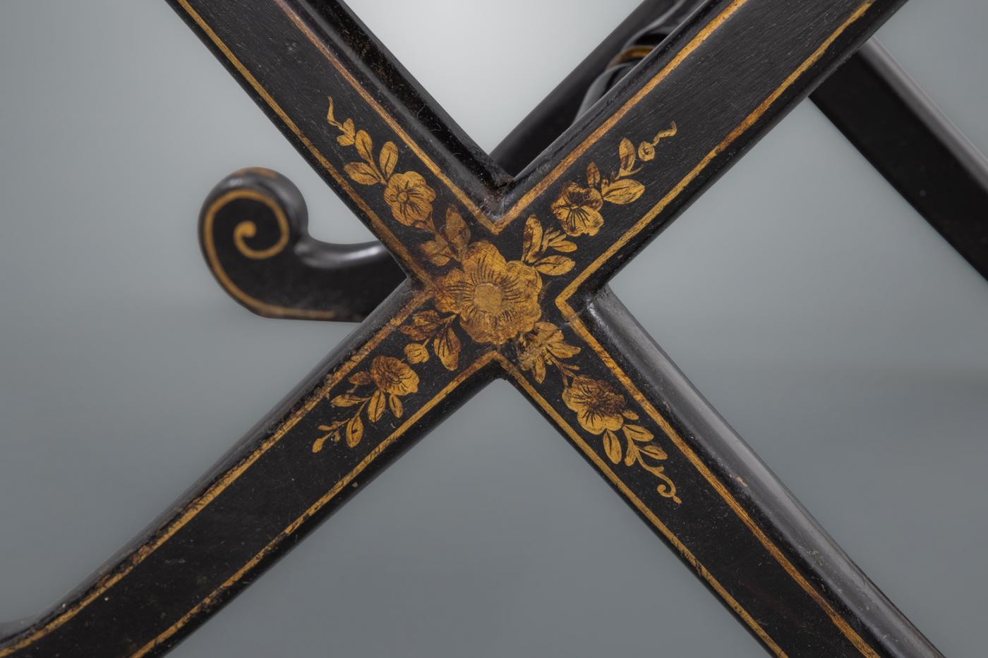 Regency Period Black Painted and Gilt Decorated X-Frame Stool