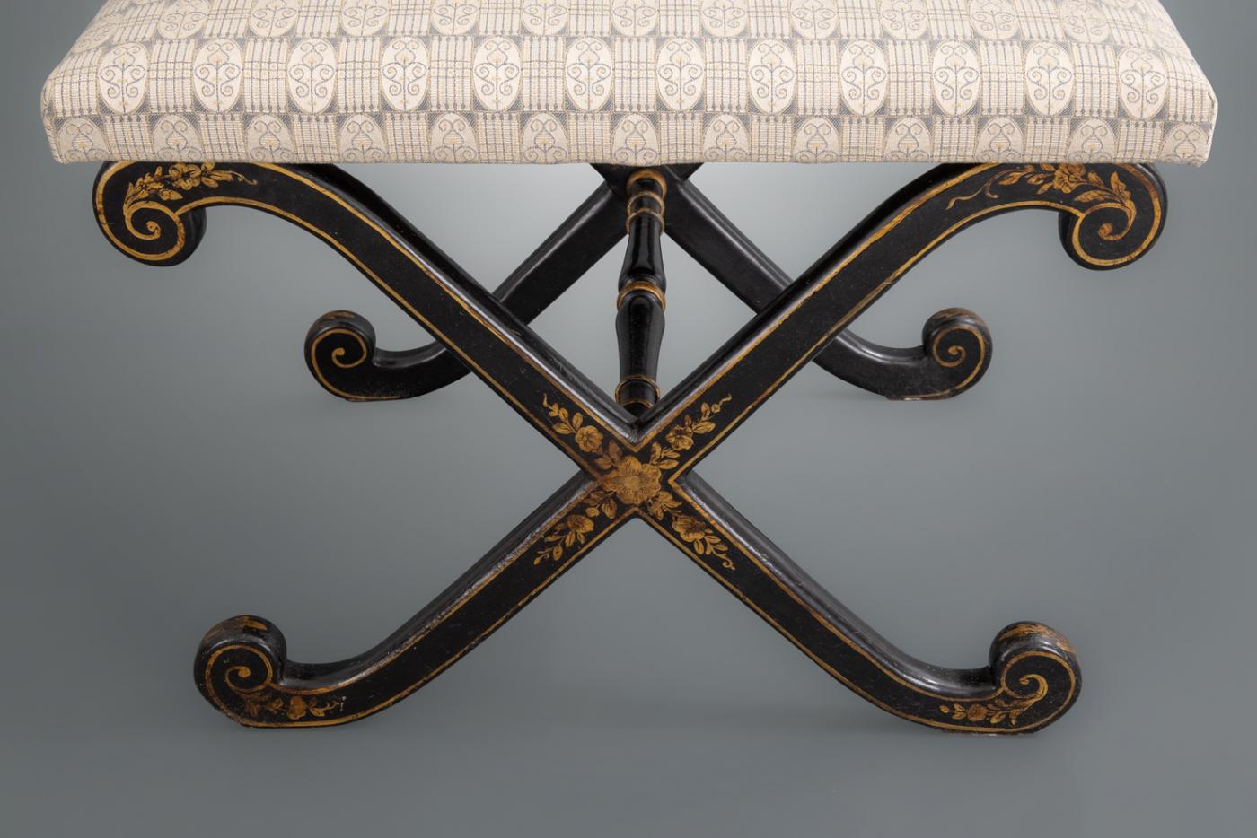 Regency Period Black Painted and Gilt Decorated X-Frame Stool