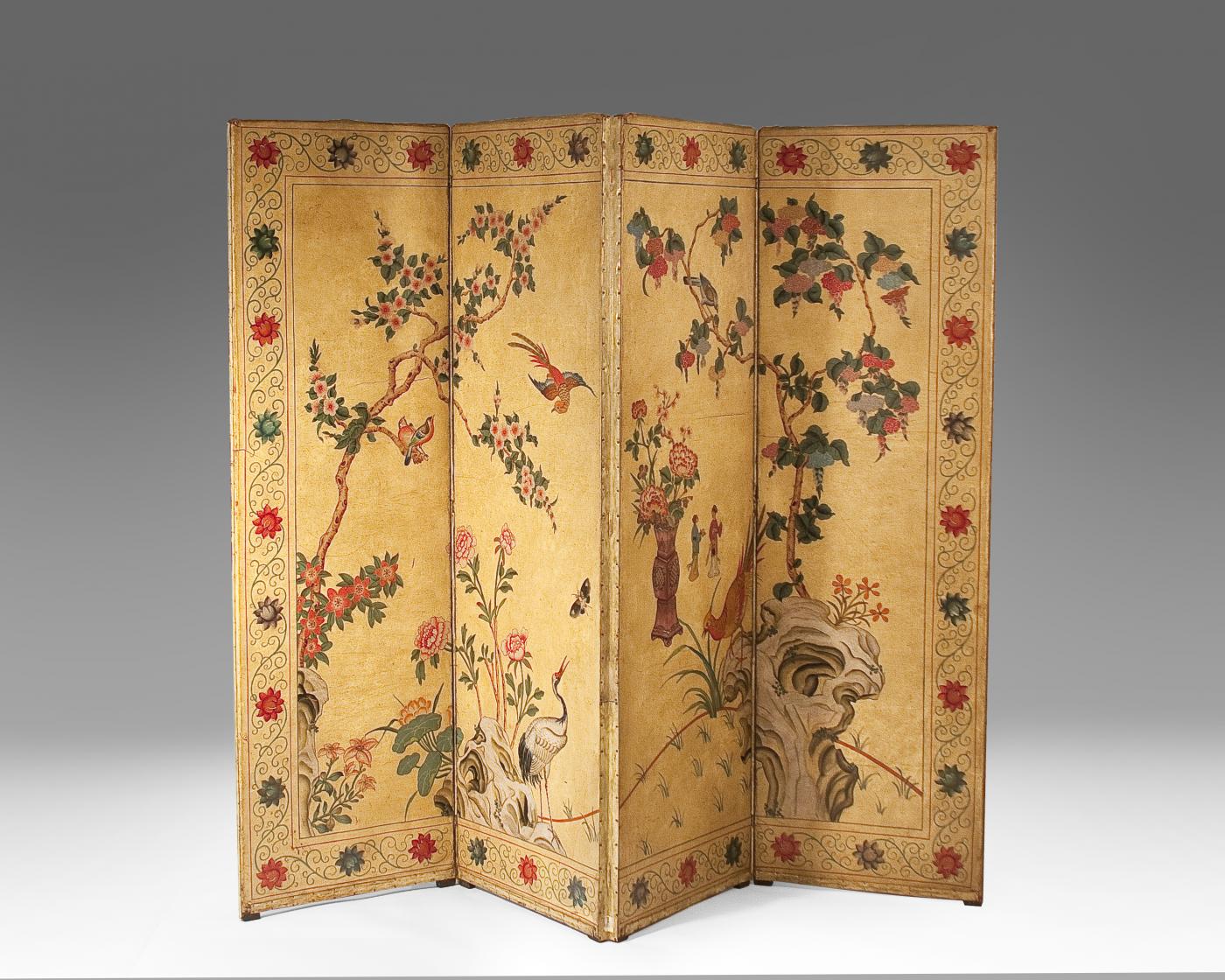 Reverse Four-Panel Painted Leather Screen