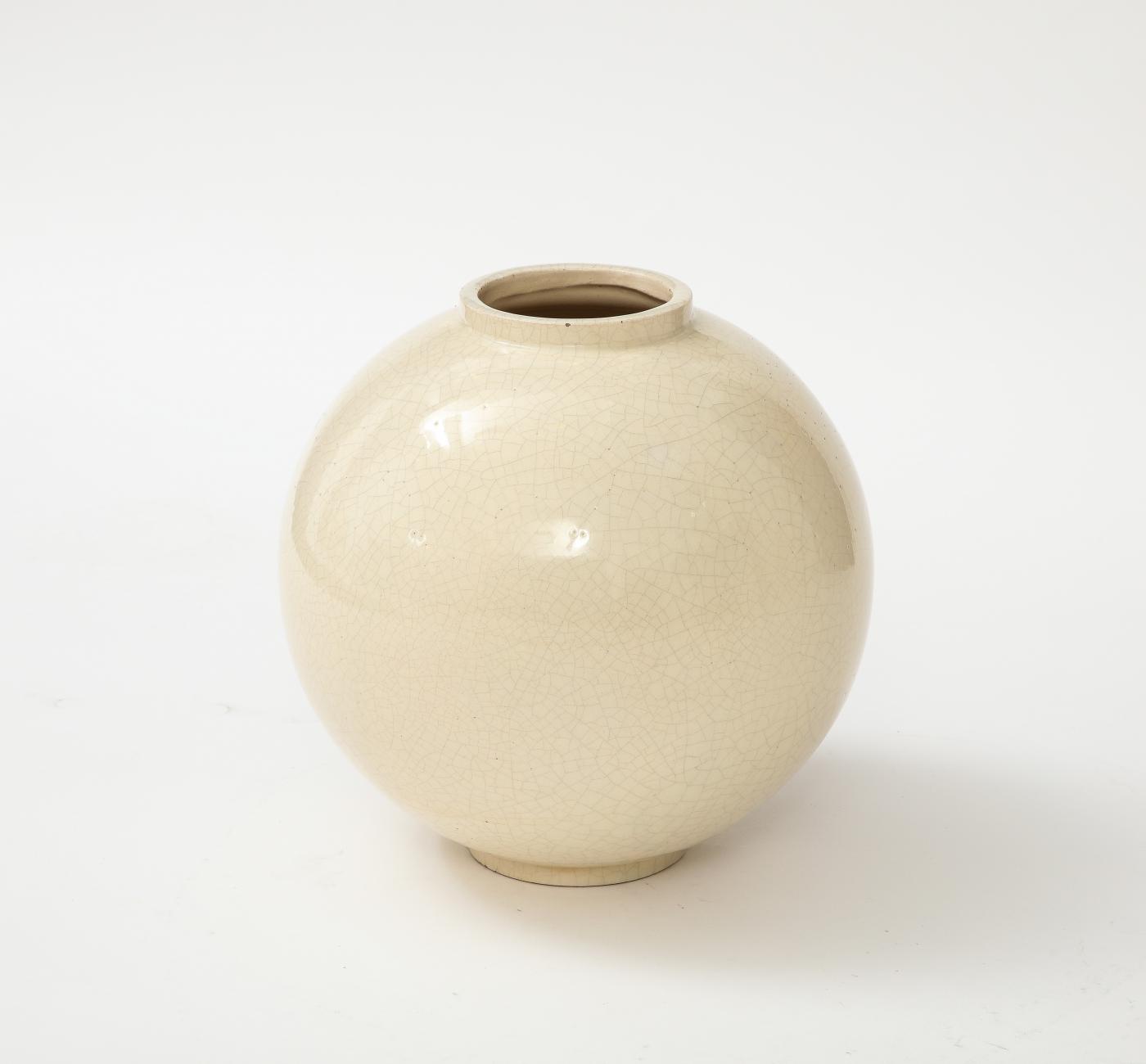 Robert Lallement - Sphere Shaped Vase with off White Cracquelure Glaze ...