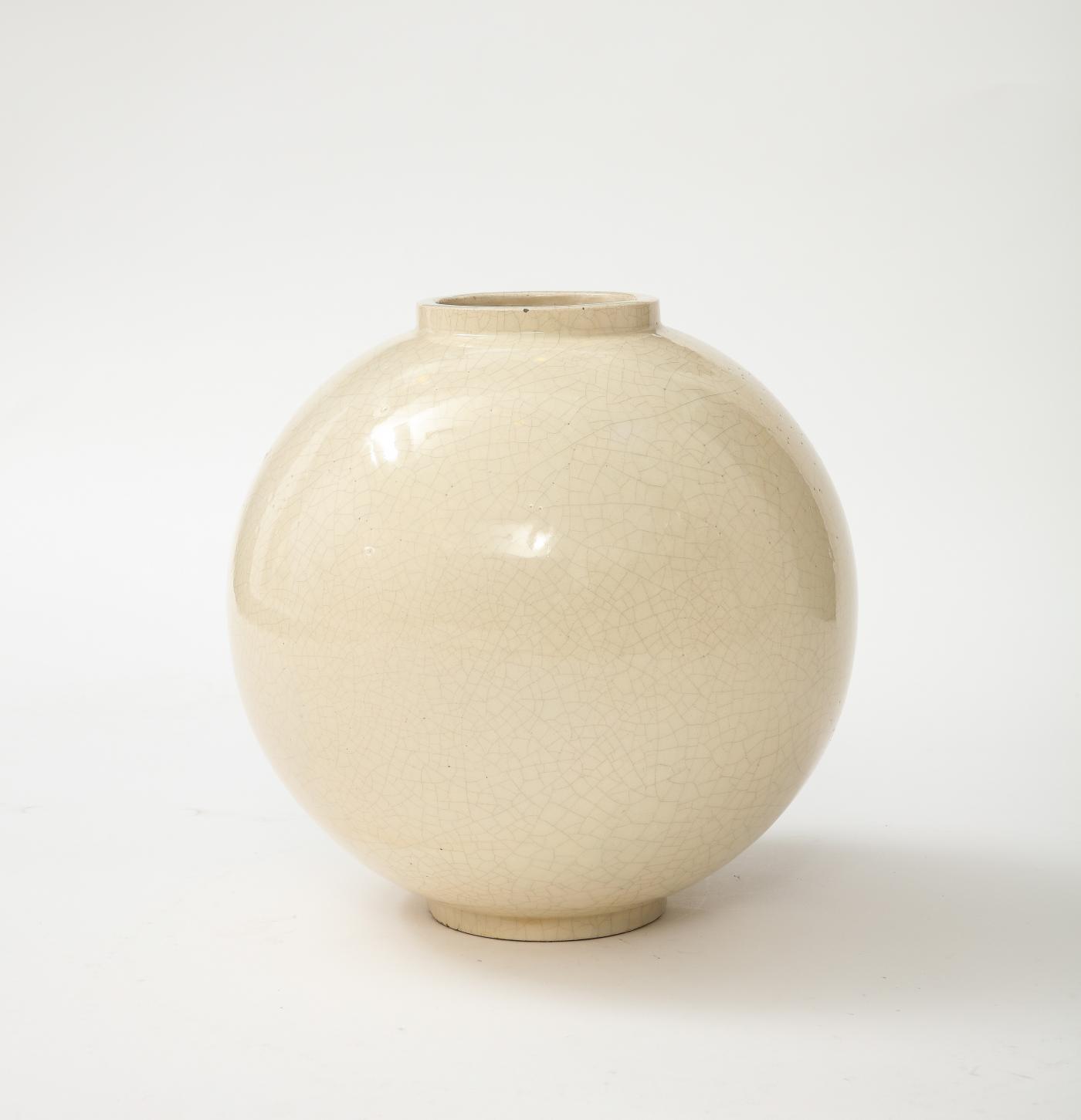 Robert Lallement - Sphere Shaped Vase with off White Cracquelure Glaze ...