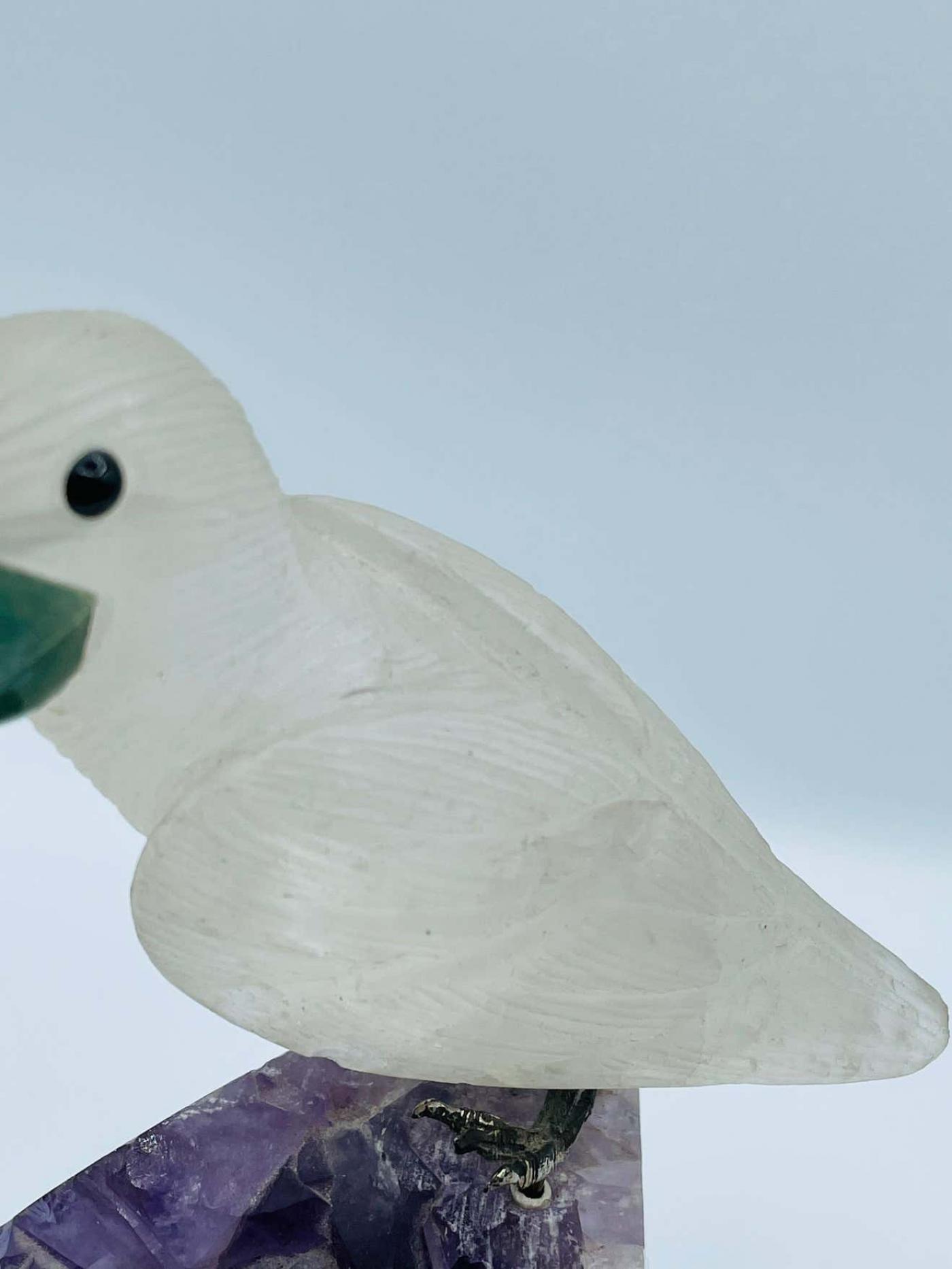 Rock Crystal and Amethyst Geode Sculpture of A Carved Parrot Bird