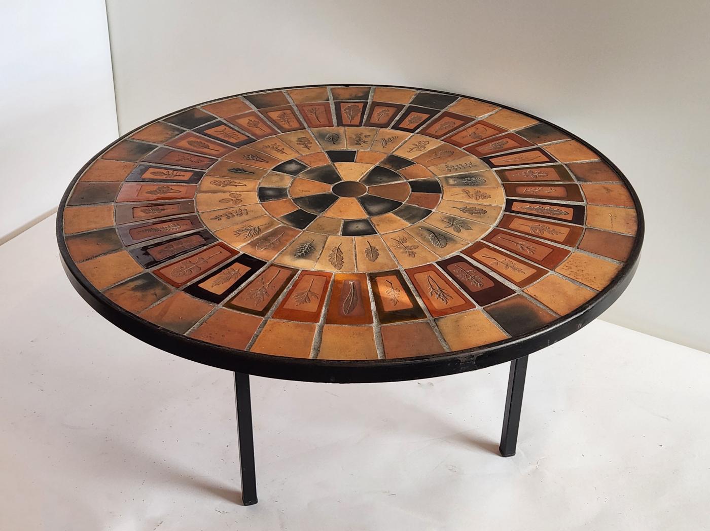 Roger Capron - Round Ceramic Coffee Table with Herbier tiles on Metal ...