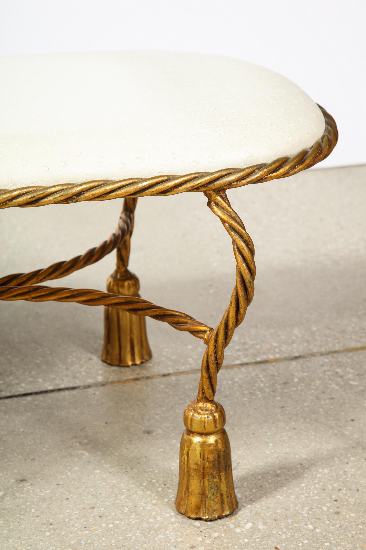 Rope and Tassel Upholstered Gilt Metal Bench
