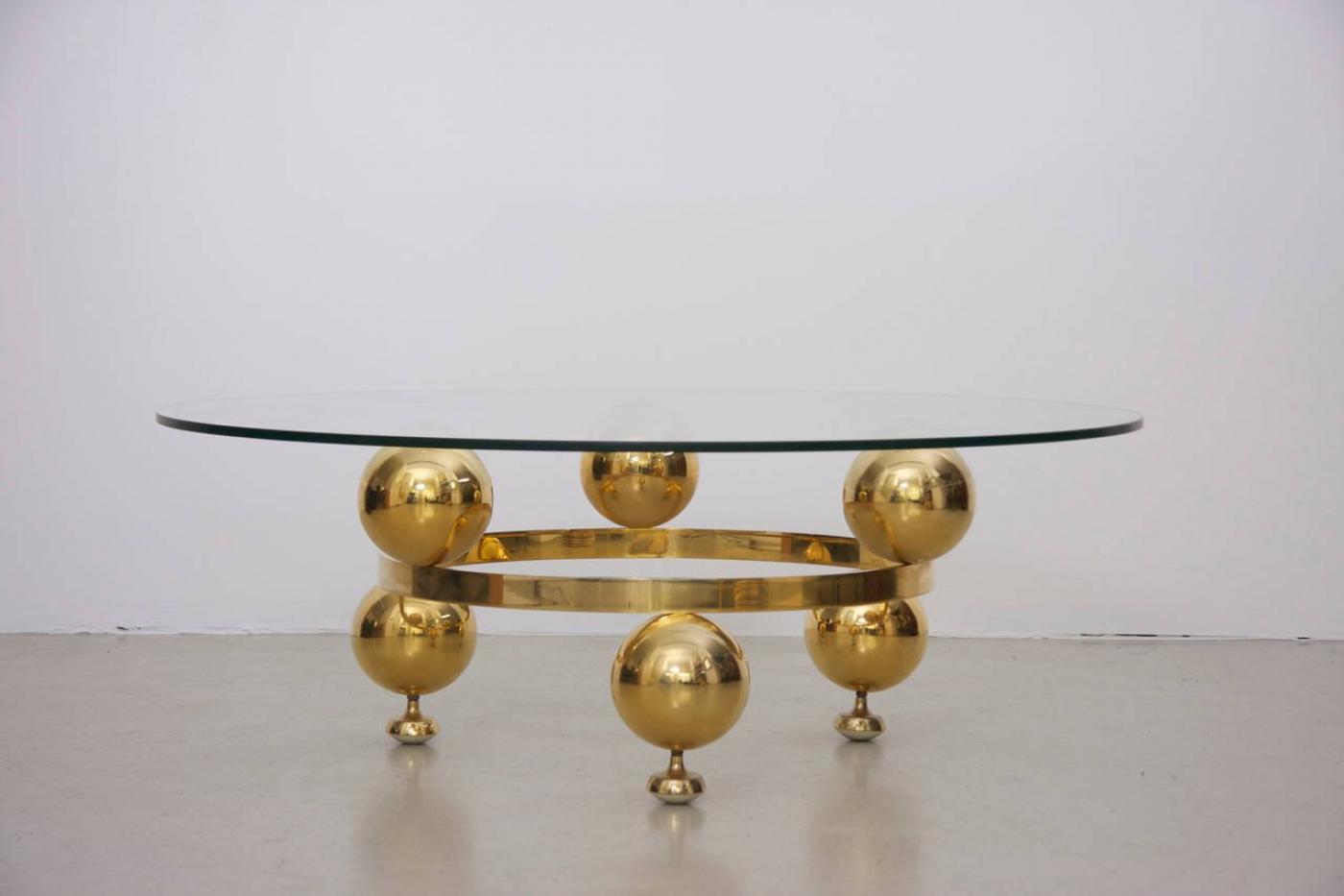 Round Brass Sputnik Coffee Table with Glass Top