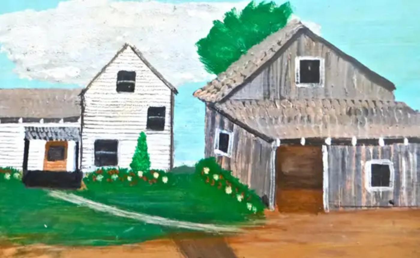 Rural Country Setting Folk Art Painting, Oil on Masonite by John ...