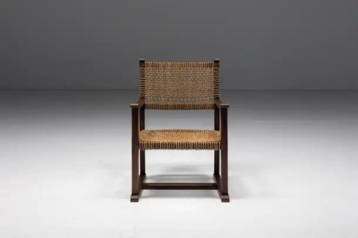 Rustic Easy Chair in Solid Wood and Rope, France, 1930s