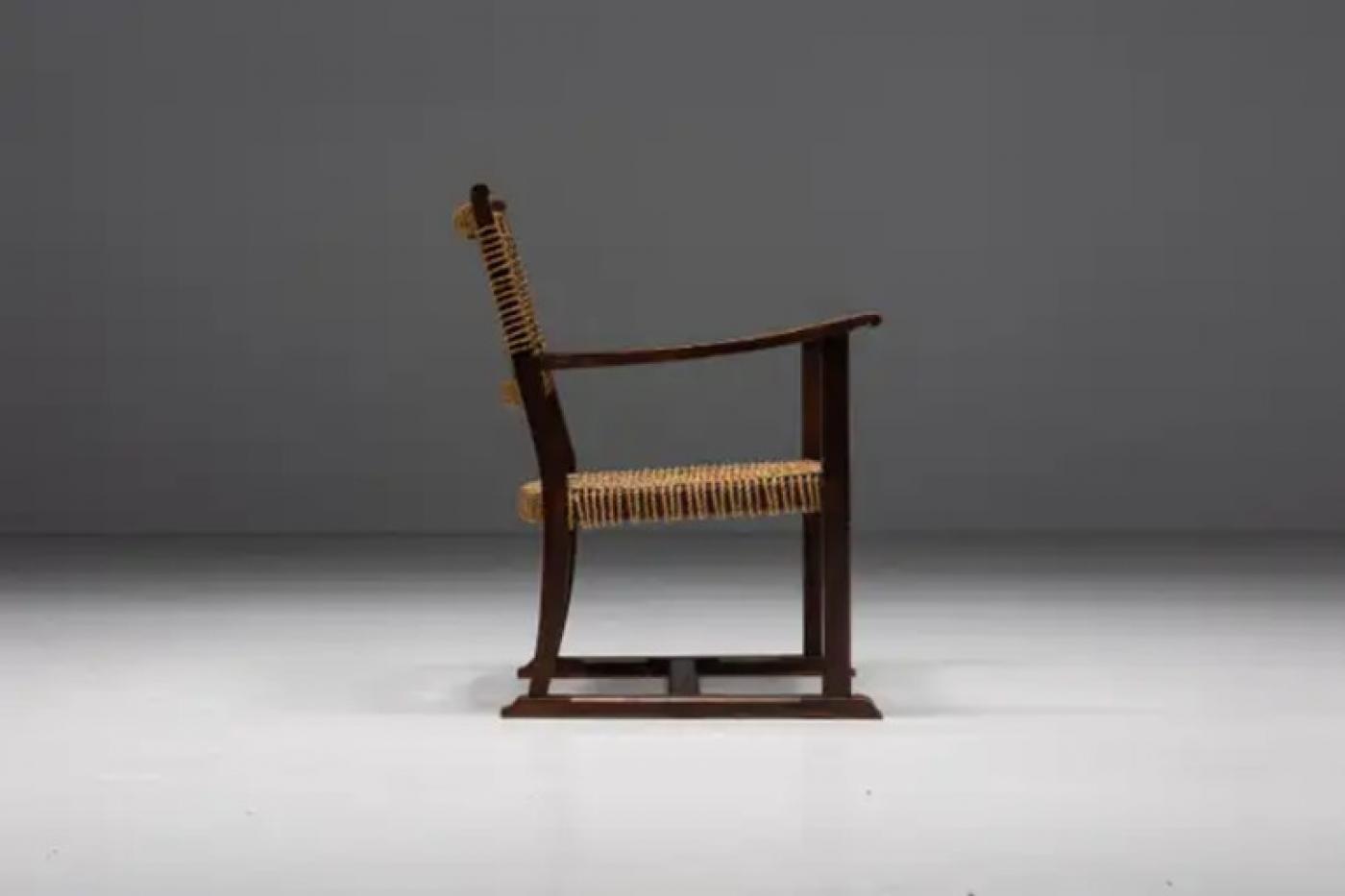 Rustic Easy Chair in Solid Wood and Rope, France, 1930s
