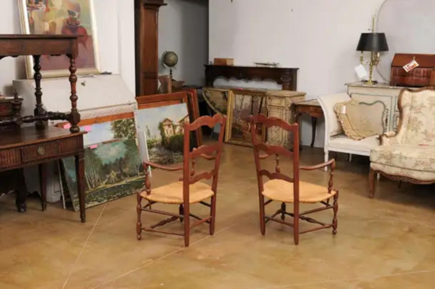 Rustic French 19th Century Walnut Armchairs with Rush Seats, Sold ...