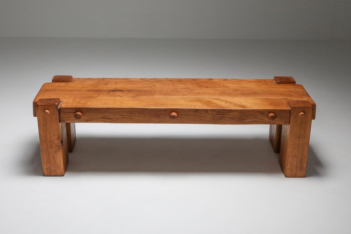Rustic Modern Rectangular Coffee Table in Solid Oak - 1960s