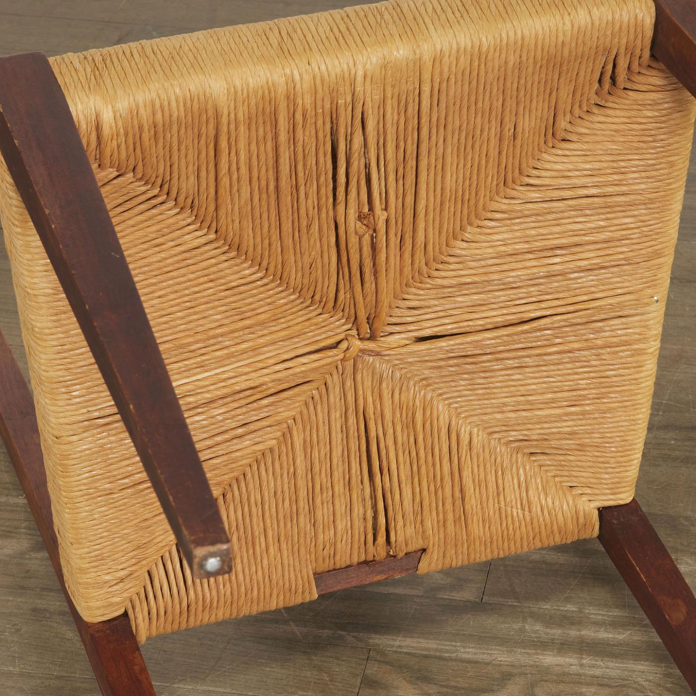 SET OF FOUR MID CENTURY MODERN ITALIAN WALNUT AND PAPER CORD CHAIRS