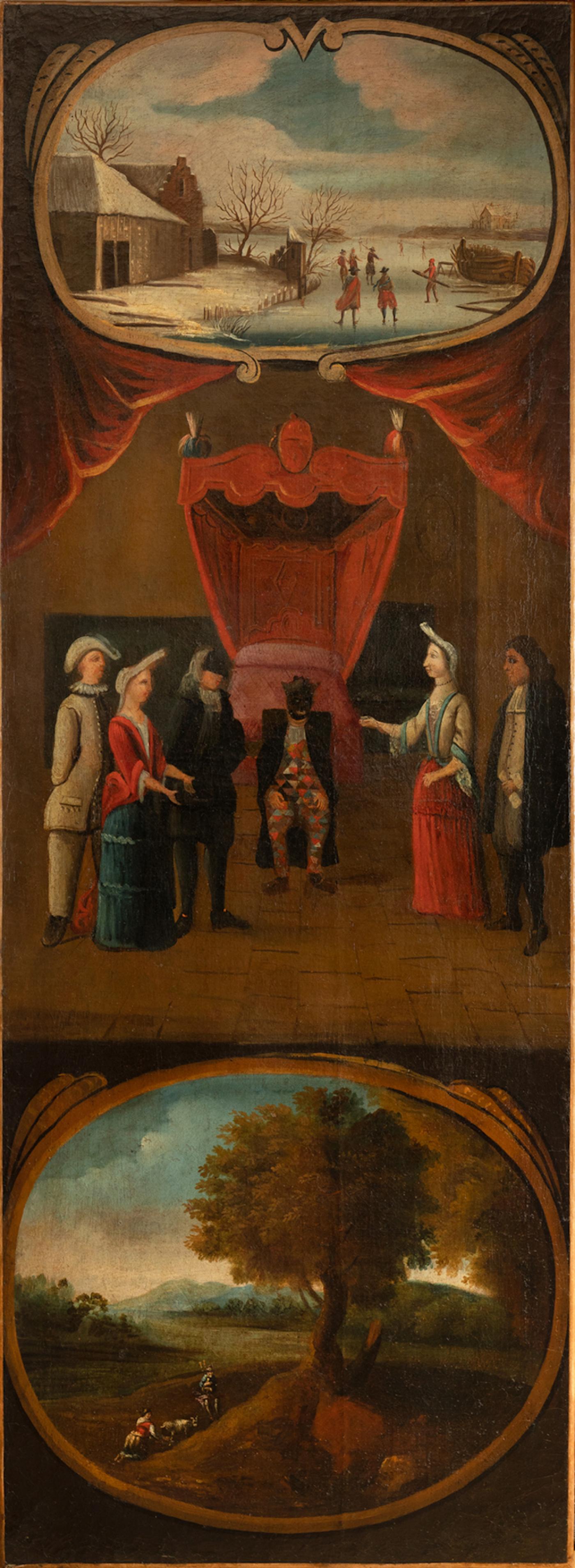 SET OF SIX EUROPEAN PANELS DEPICTING SCENES FROM THE 'COMMEDIA DELL'ARTE'