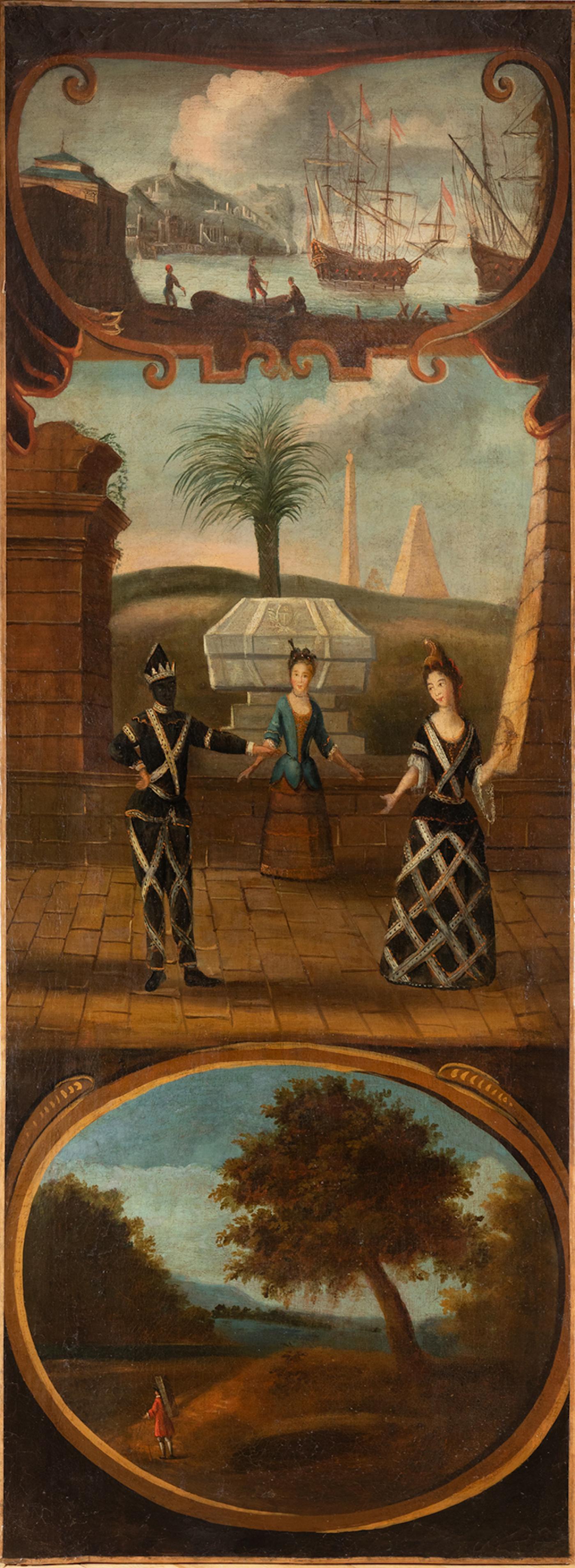 SET OF SIX EUROPEAN PANELS DEPICTING SCENES FROM THE 'COMMEDIA DELL'ARTE'