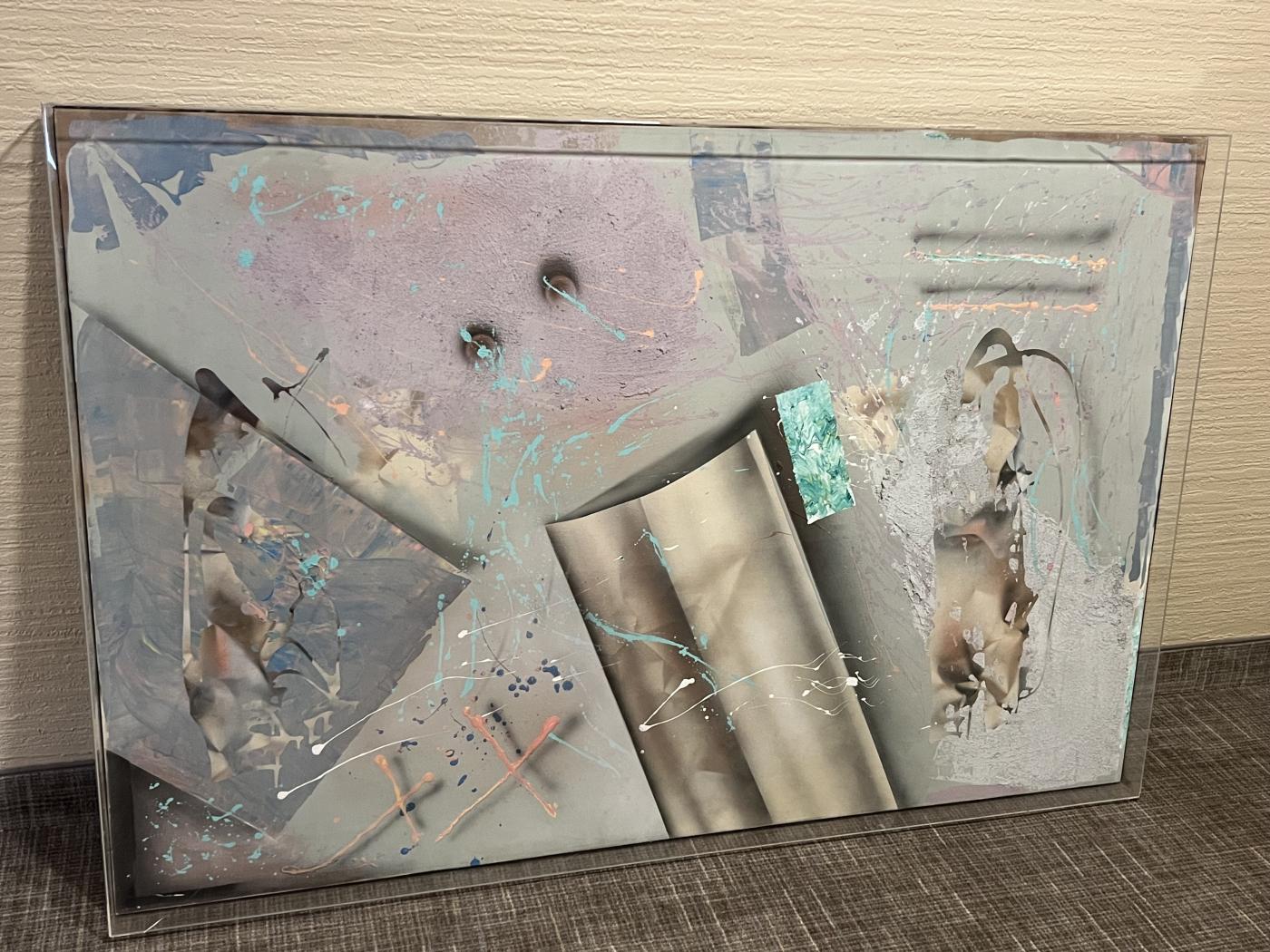 SIGNED LARGE LUCITE CASED POST MODERN ABSTRACT PAINTING ON CANVAS