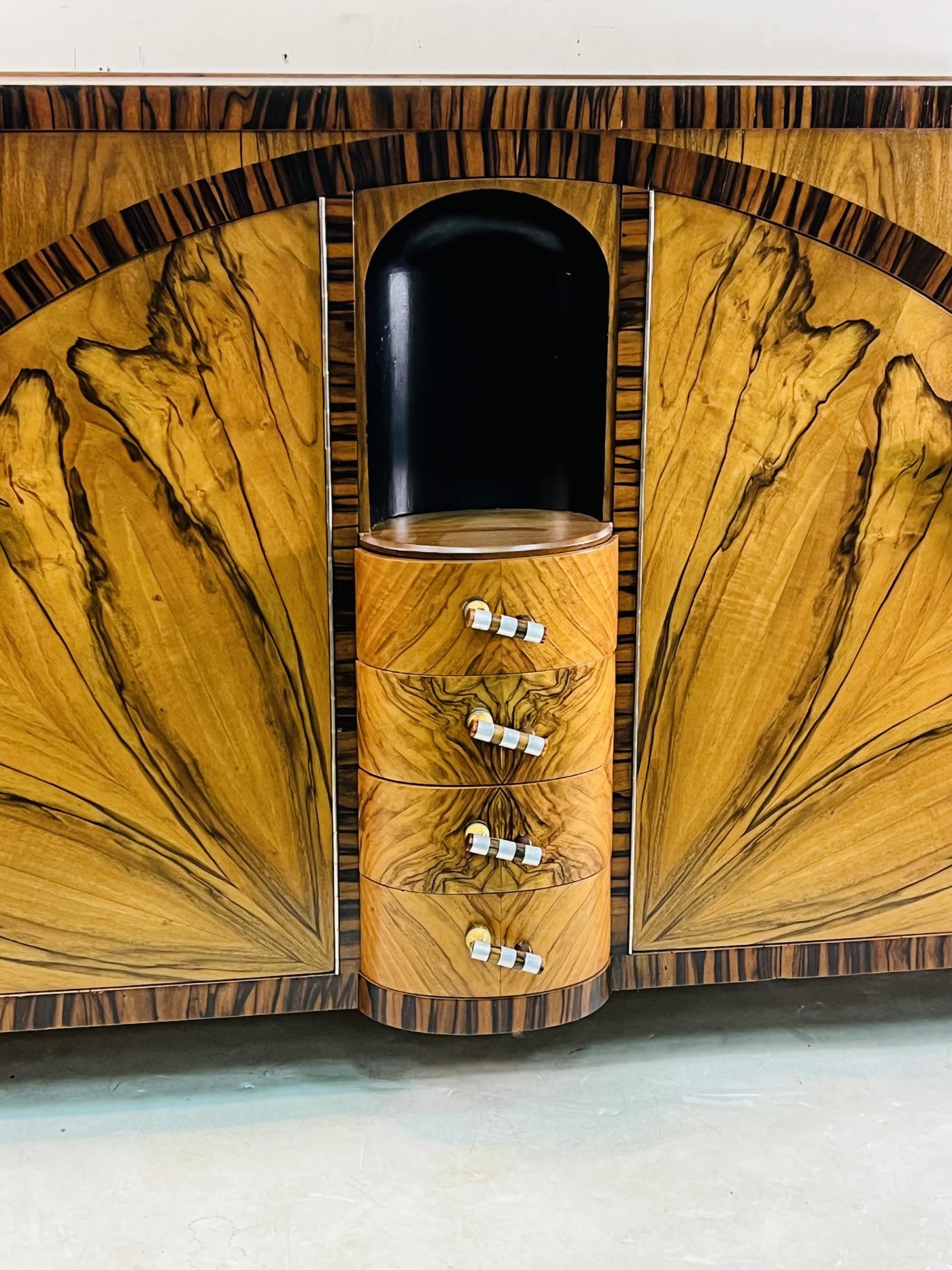 SPECTACULAR PAIR OF ART DECO EXOTIC WOOD CREDENZAS WITH BAKELITE/CHROME ...