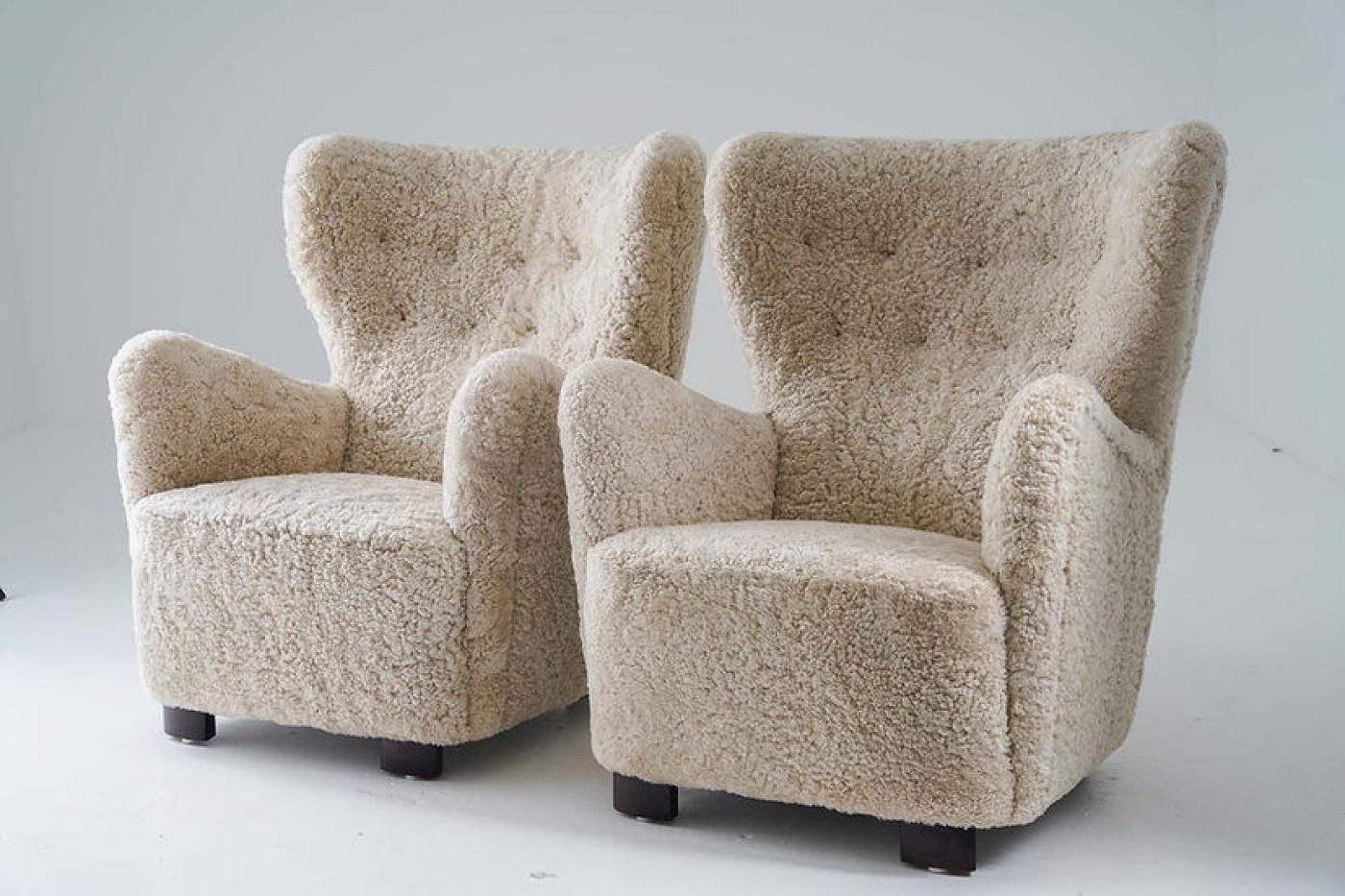 Scandinavian Mid Century Lounge Chairs in Sheepskin