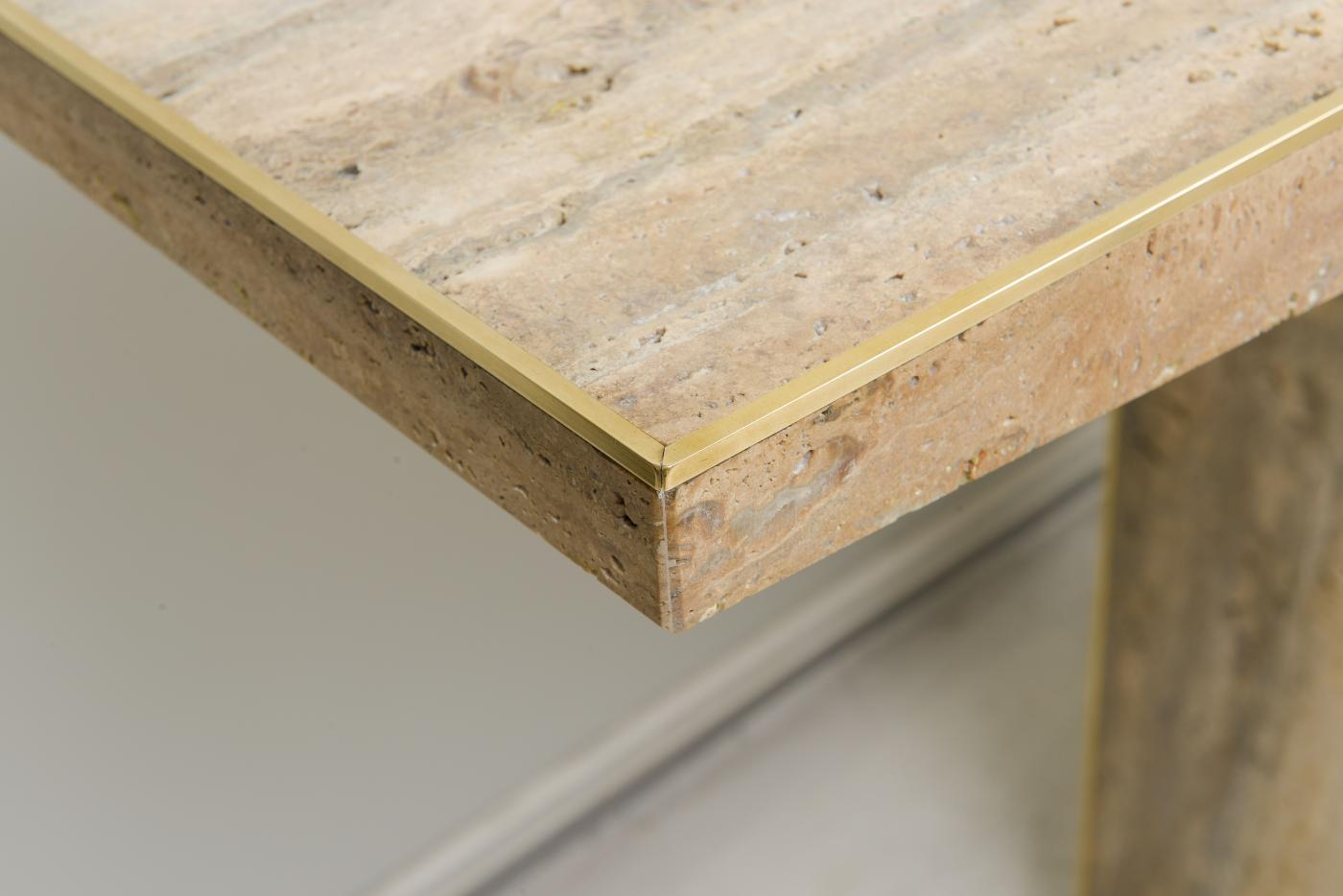 Sculptural Pair of Contemporary Italian Travertine Consoles with Brass ...