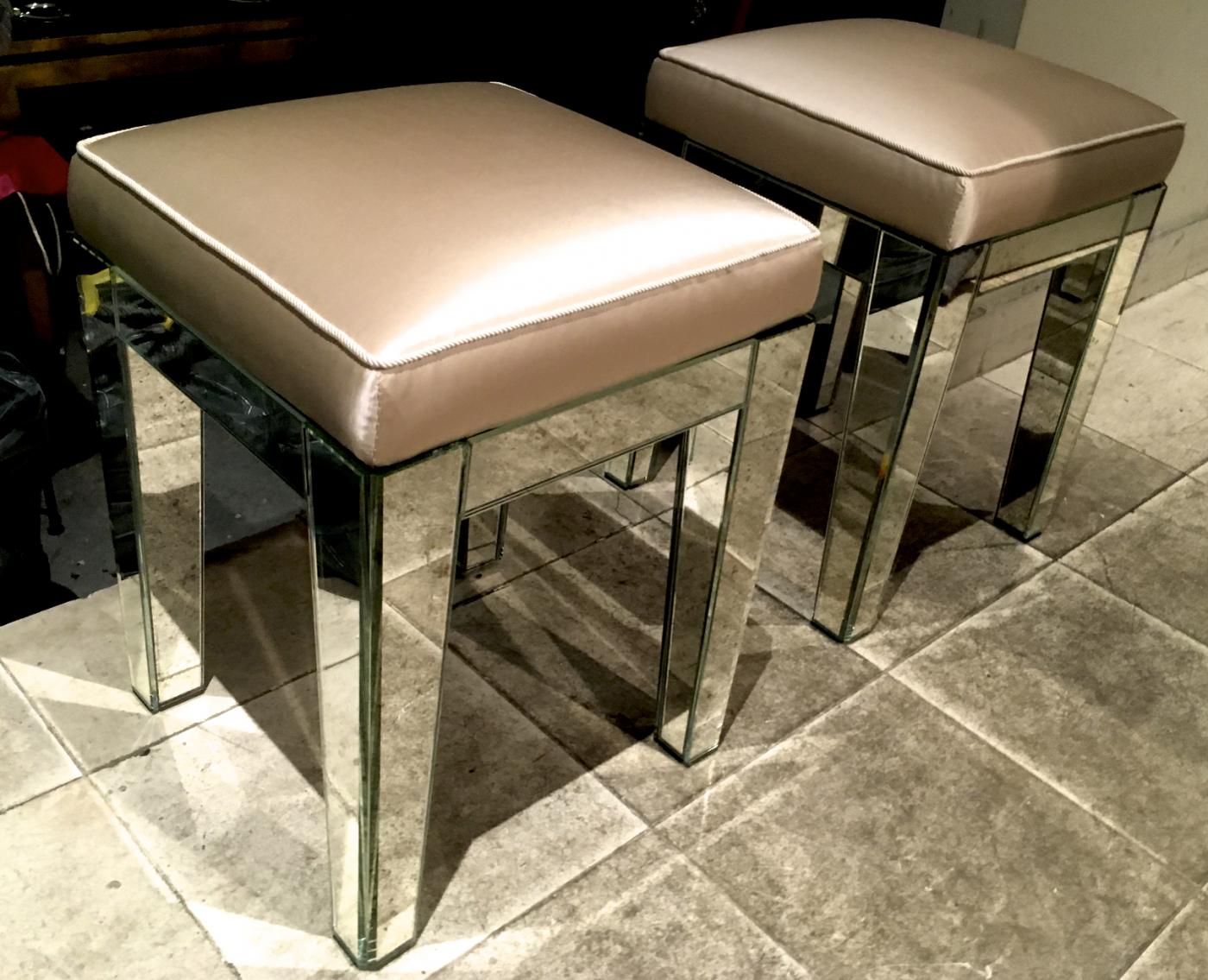 Serge Roche - Serge Roche style Pair of Mirrored Stools Covered in Pale ...