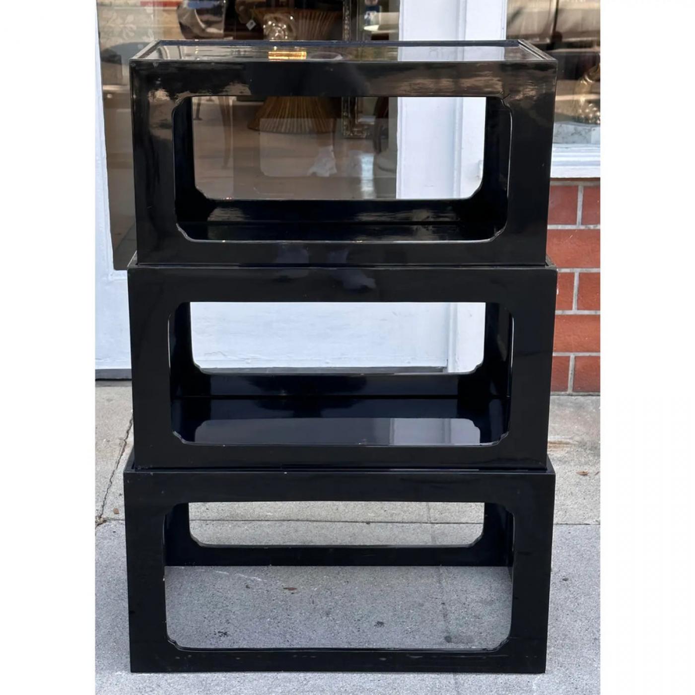 Set of 3 Modern Stacking Black Lacquer Nesting Tables Etagere