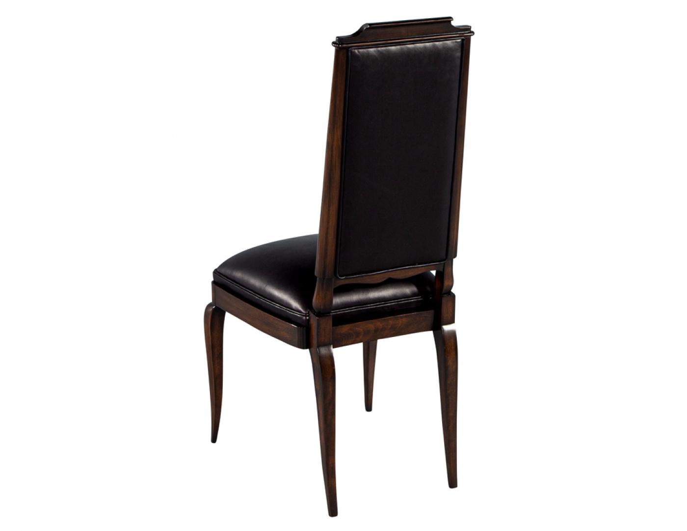 Set of 6 Antique French Art Deco Dining Chairs in Black Leather