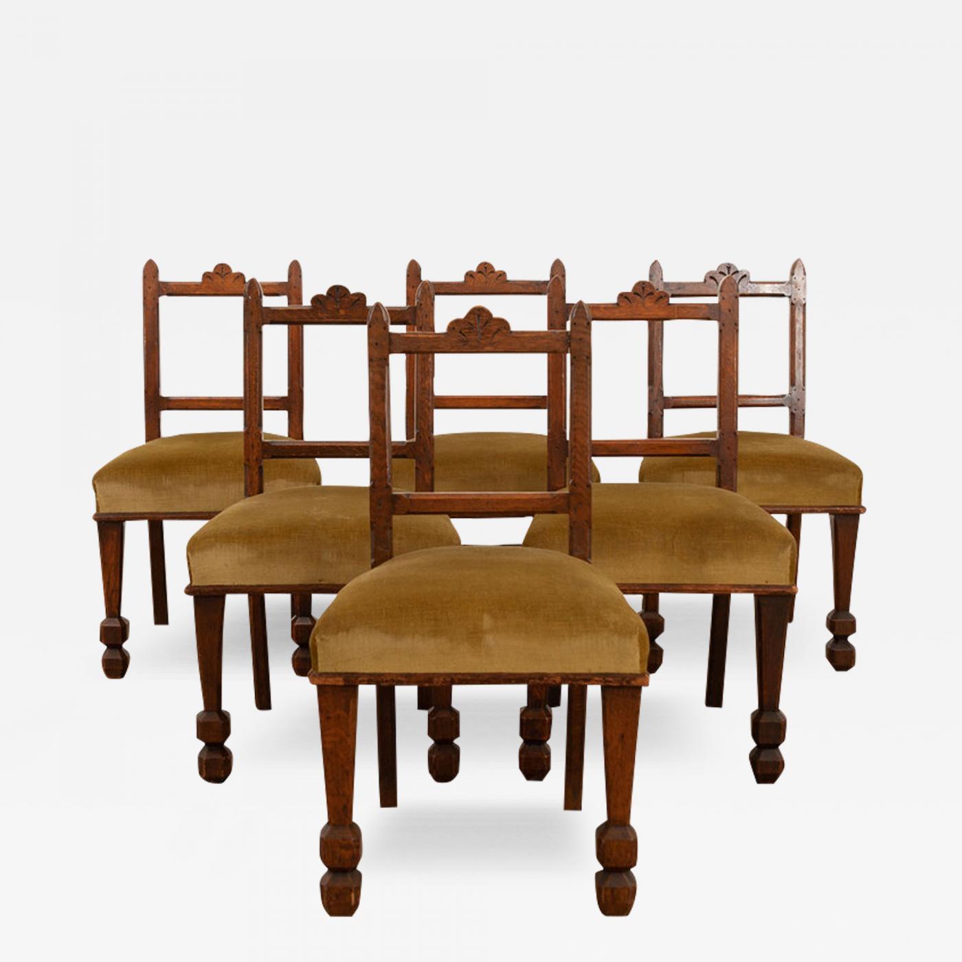 Set of 6 English Oak & Upholstered Dining Chairs