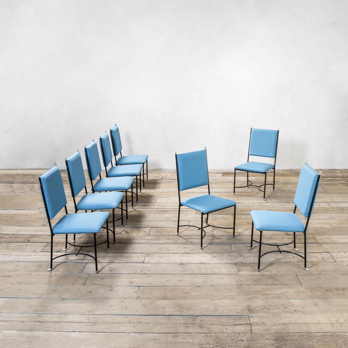 Set of 8 Chairs with Metal Structure and Blue upholstery '60s