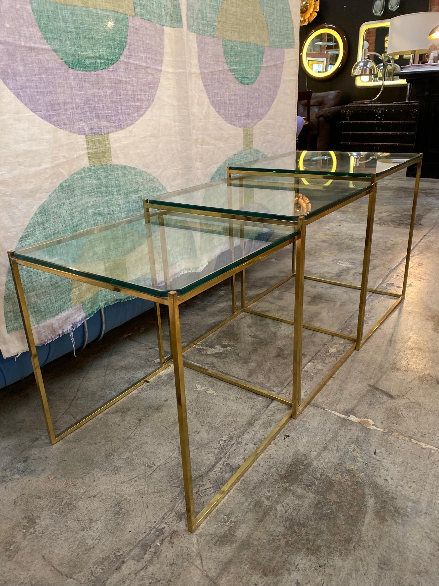 Set of Three Brass and Glass Nesting Side Tables , Italy 1960s.