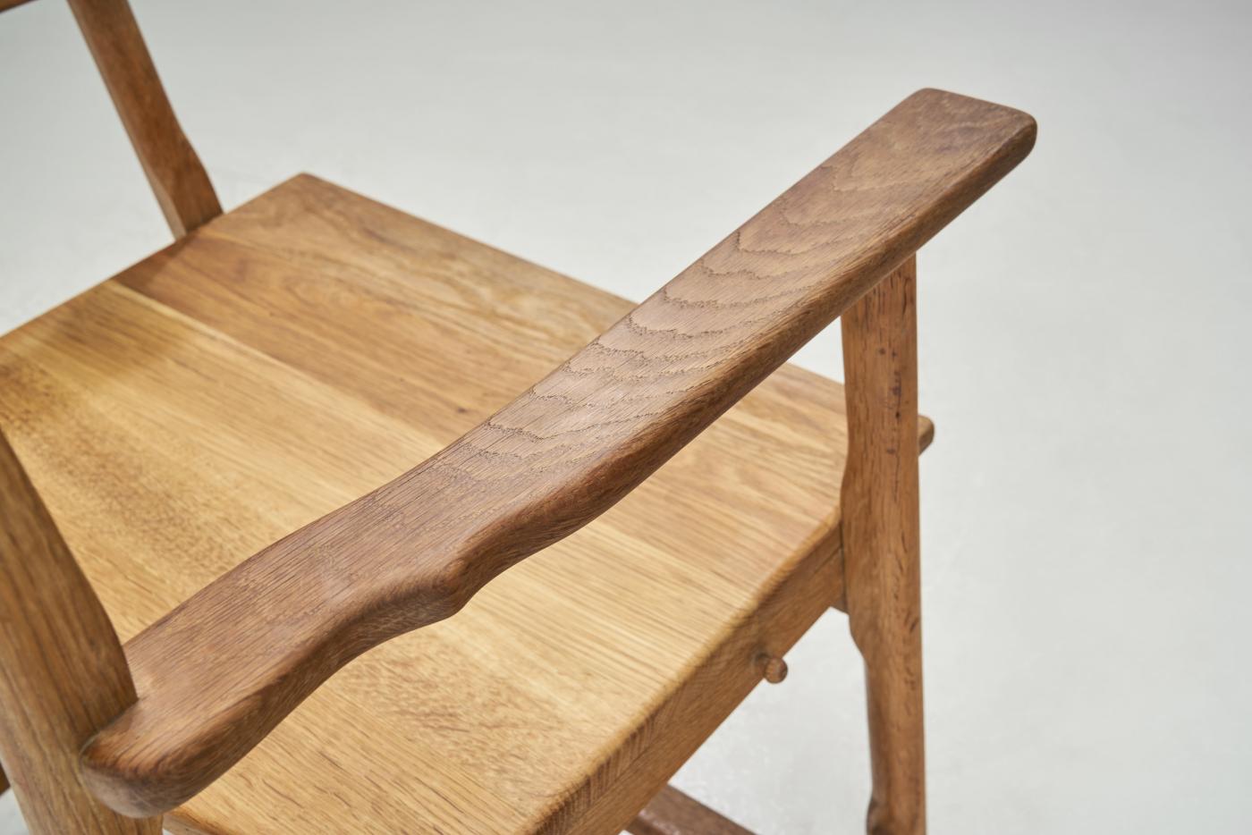 Six Brutalist Solid Oak Dining Chairs with Upholstered Cushions, Europe 1960s