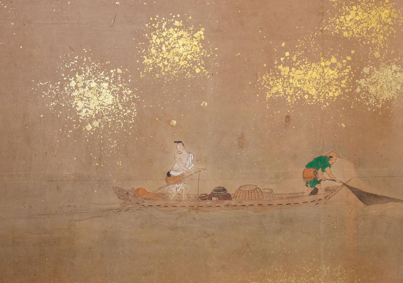 Six Panel Screen: Glorious Painting of Lord Genji Gazing Out Over Lake Biwa