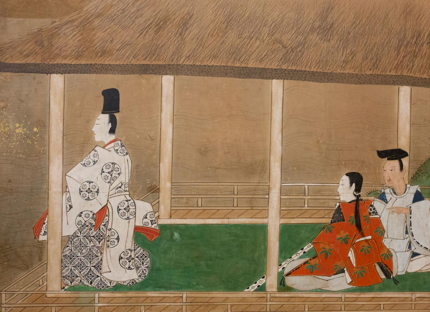 Six Panel Screen: Glorious Painting of Lord Genji Gazing Out Over Lake Biwa