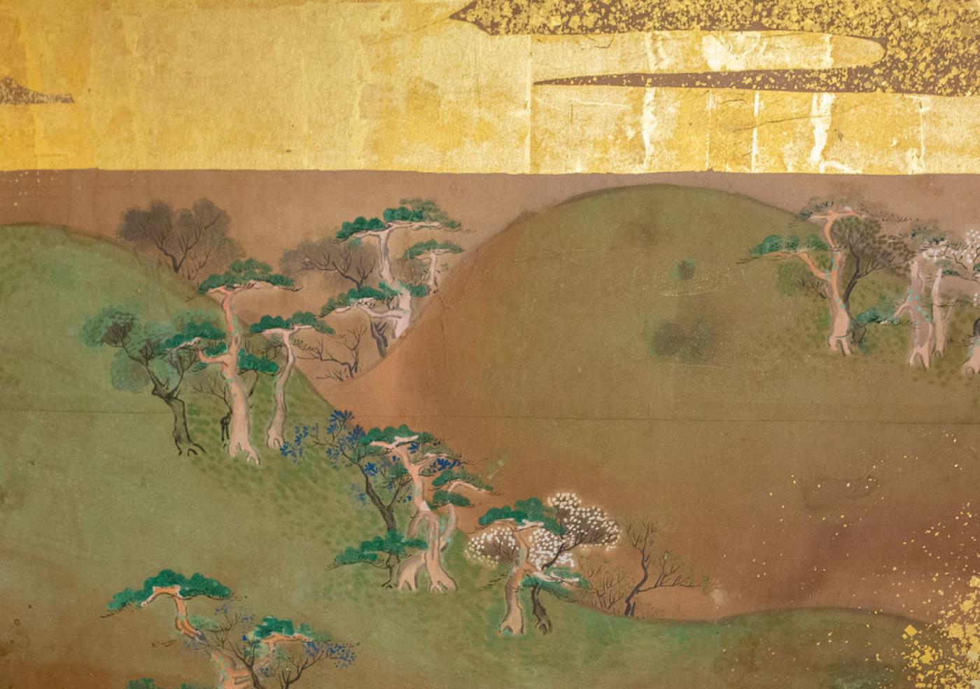 Six Panel Screen: Glorious Painting of Lord Genji Gazing Out Over Lake Biwa
