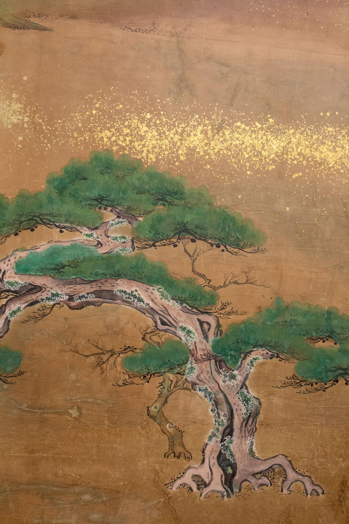 Six Panel Screen: Glorious Painting of Lord Genji Gazing Out Over Lake Biwa