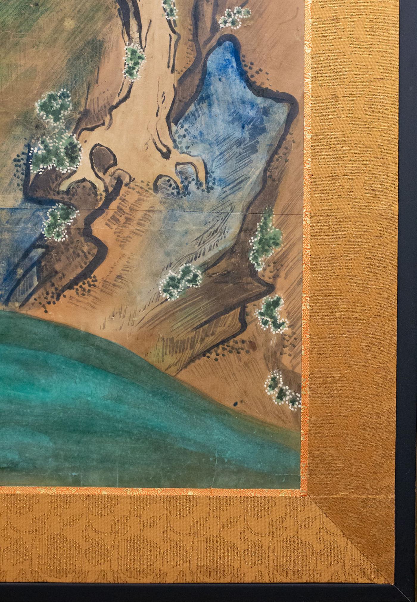 Six Panel Screen: Glorious Painting of Lord Genji Gazing Out Over Lake Biwa