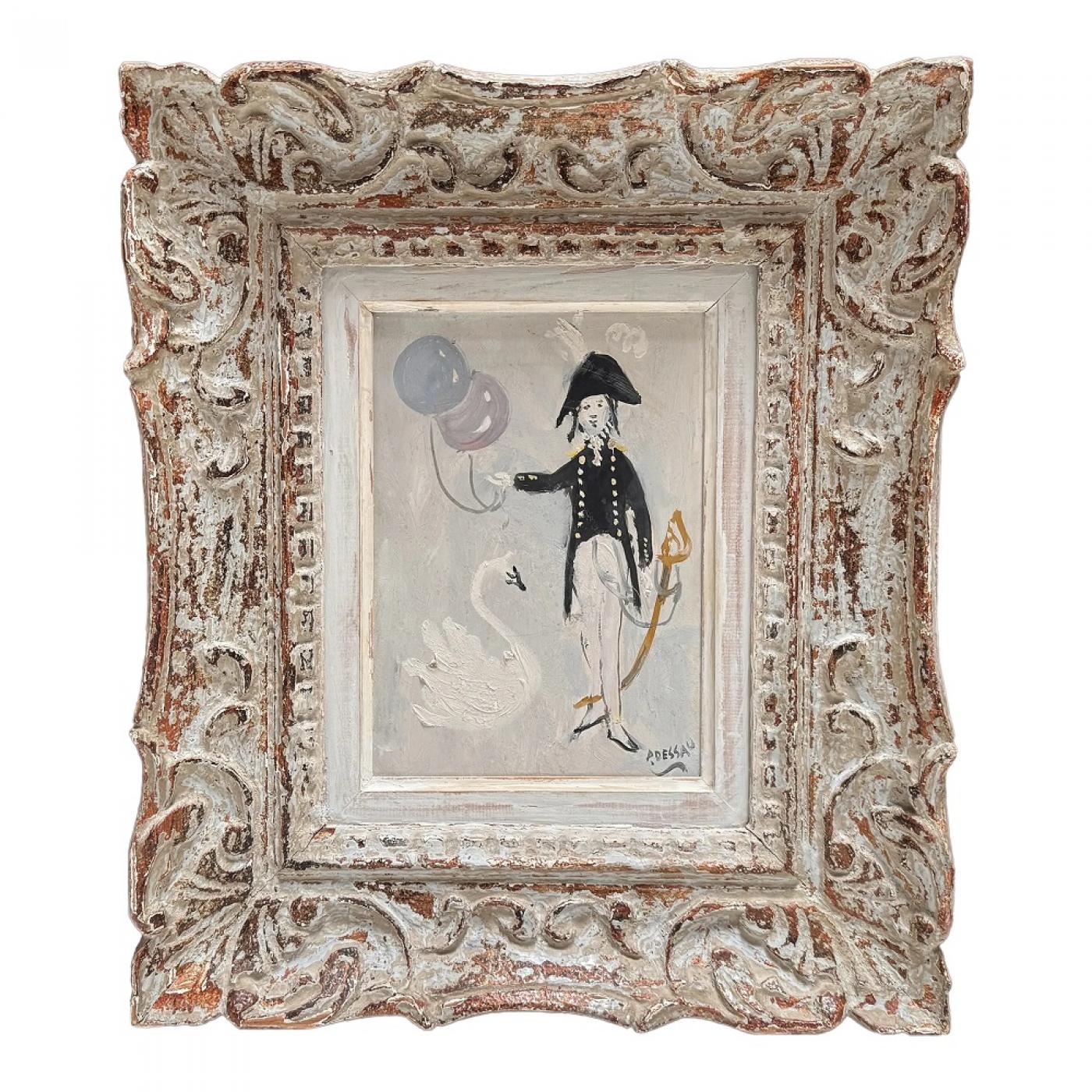 Small Mid Century Modern Paul Lucien Dessau Oil Painting of Soldier & Swan