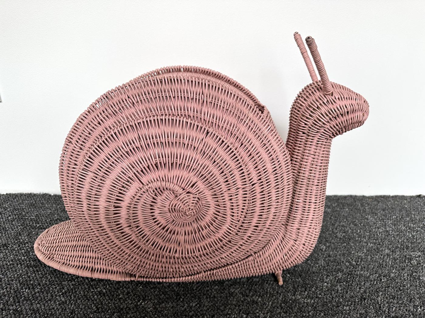 Snail Pink Rattan Magazine Rack, Italy, 1970s