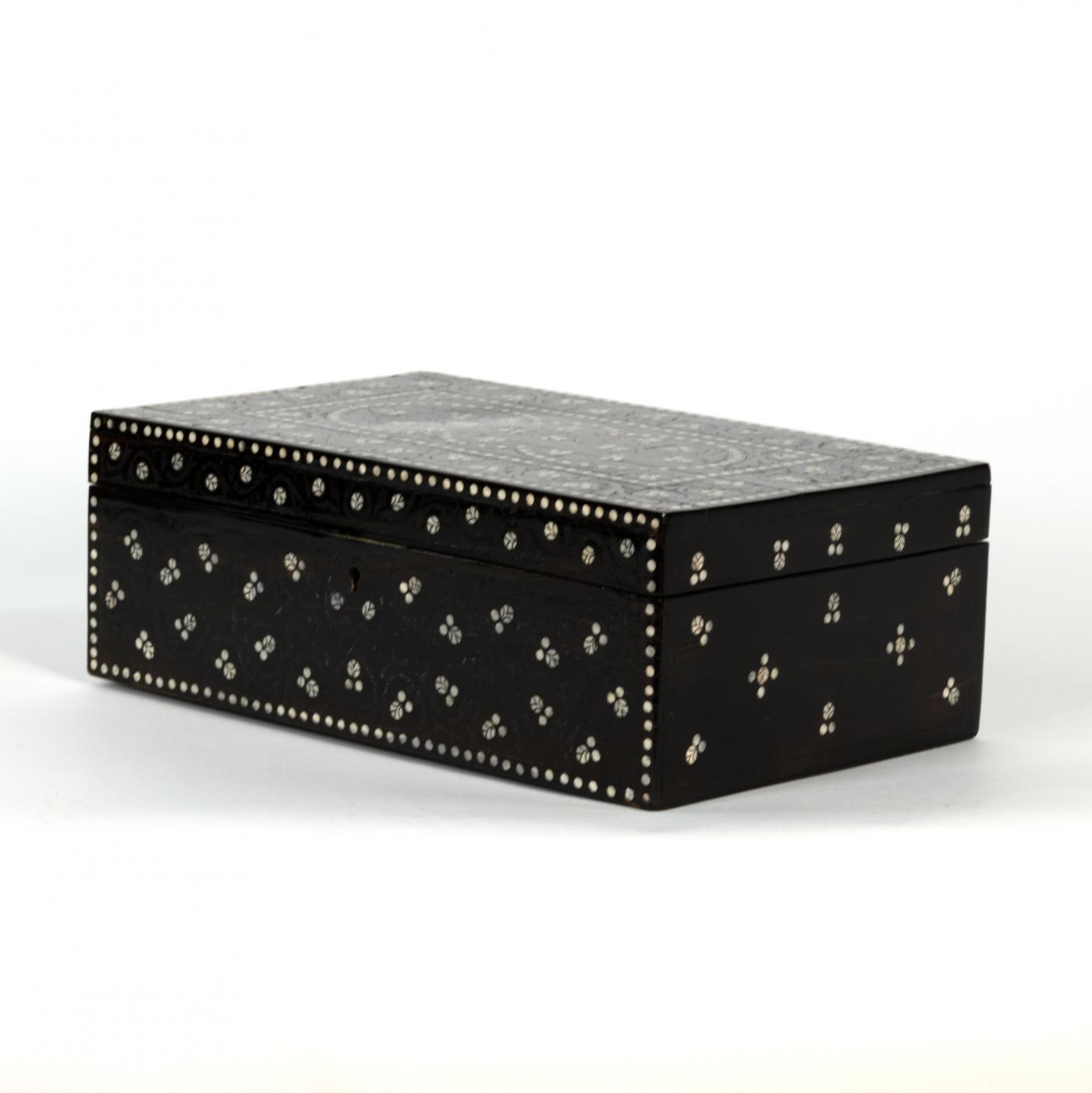 Solid Ebony Anglo Indian Box With Exceptional Bone Dot Inlay, Circa 1860.