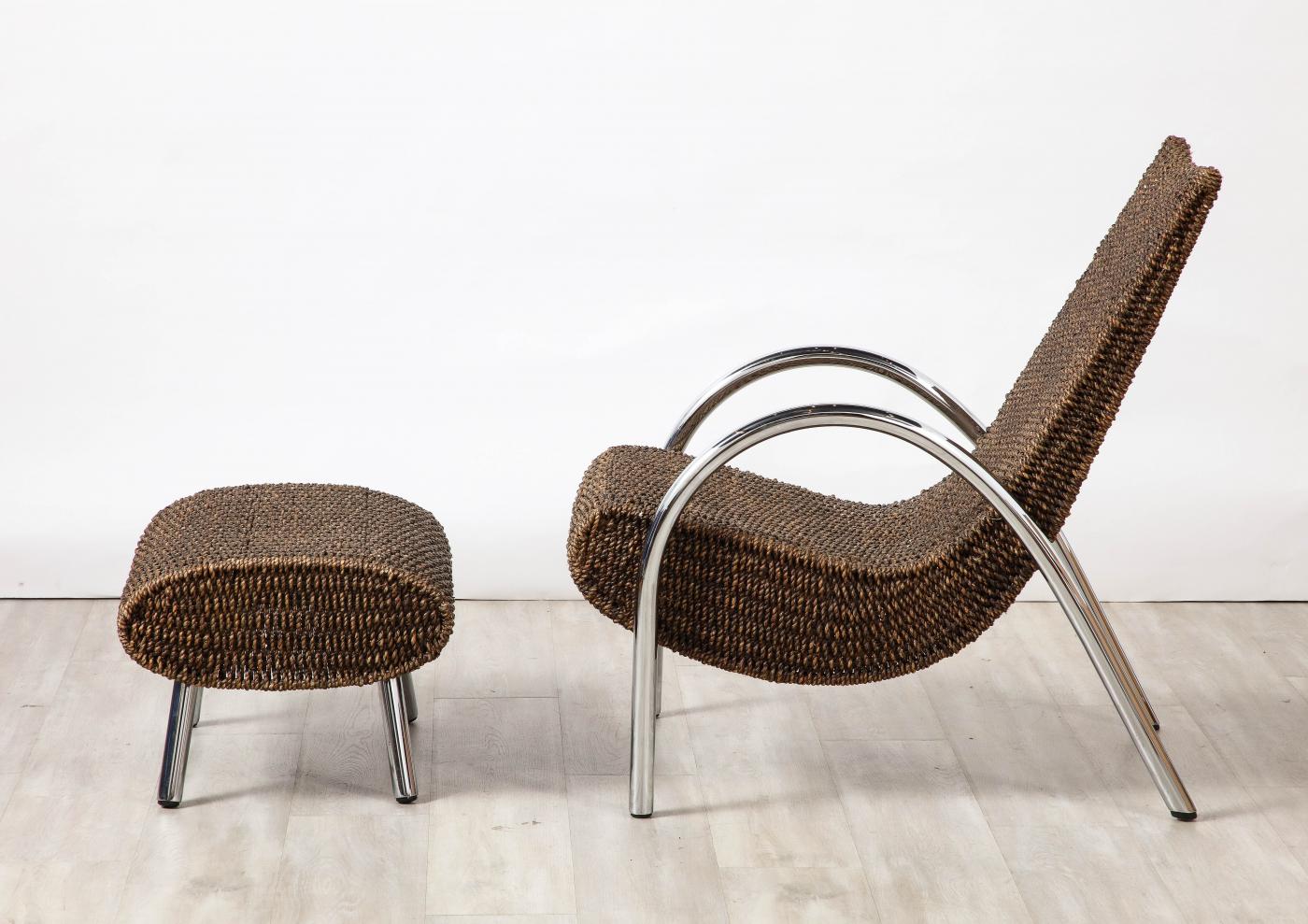 Spanish Bamboo and Chrome Lounge Chair with Ottoman, Spain, circa 1960