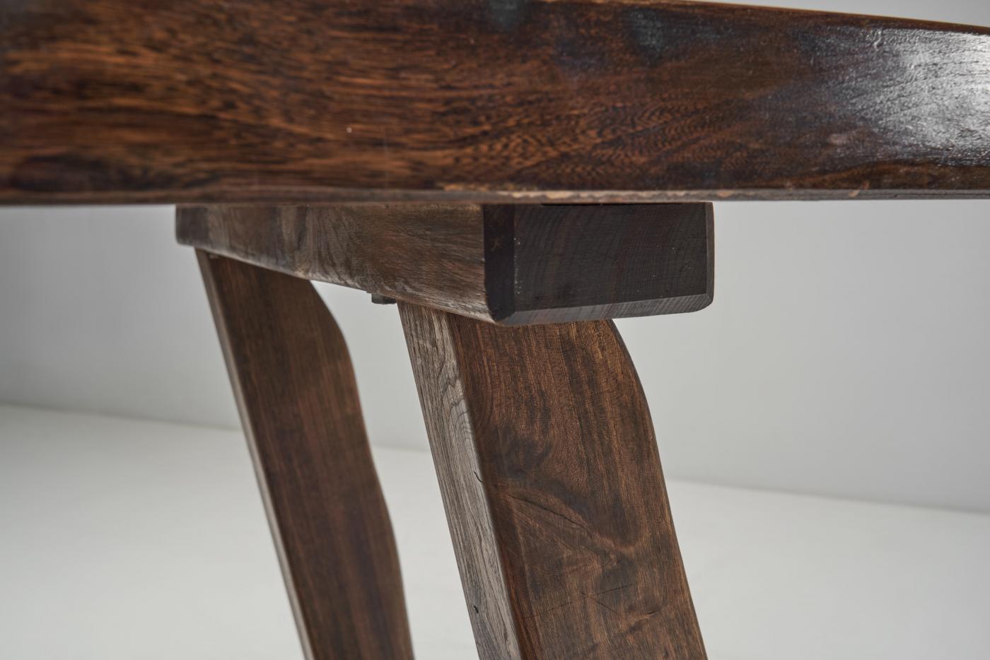 Stained Elm Dining Table Joints Edition Aranjou, France 1950s