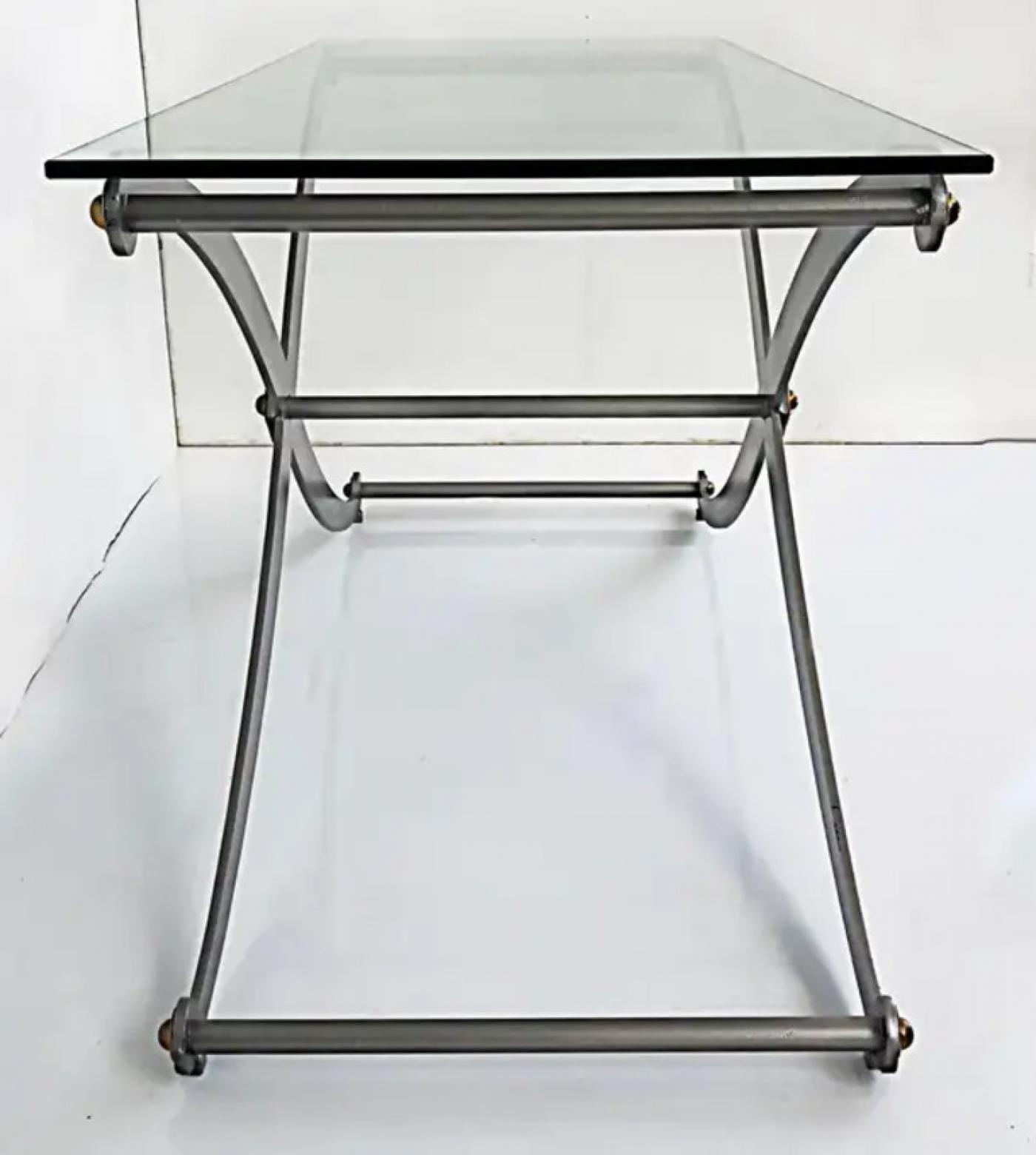 Steel / Brass X-Frame Sabre Leg Console Table with Glass Top